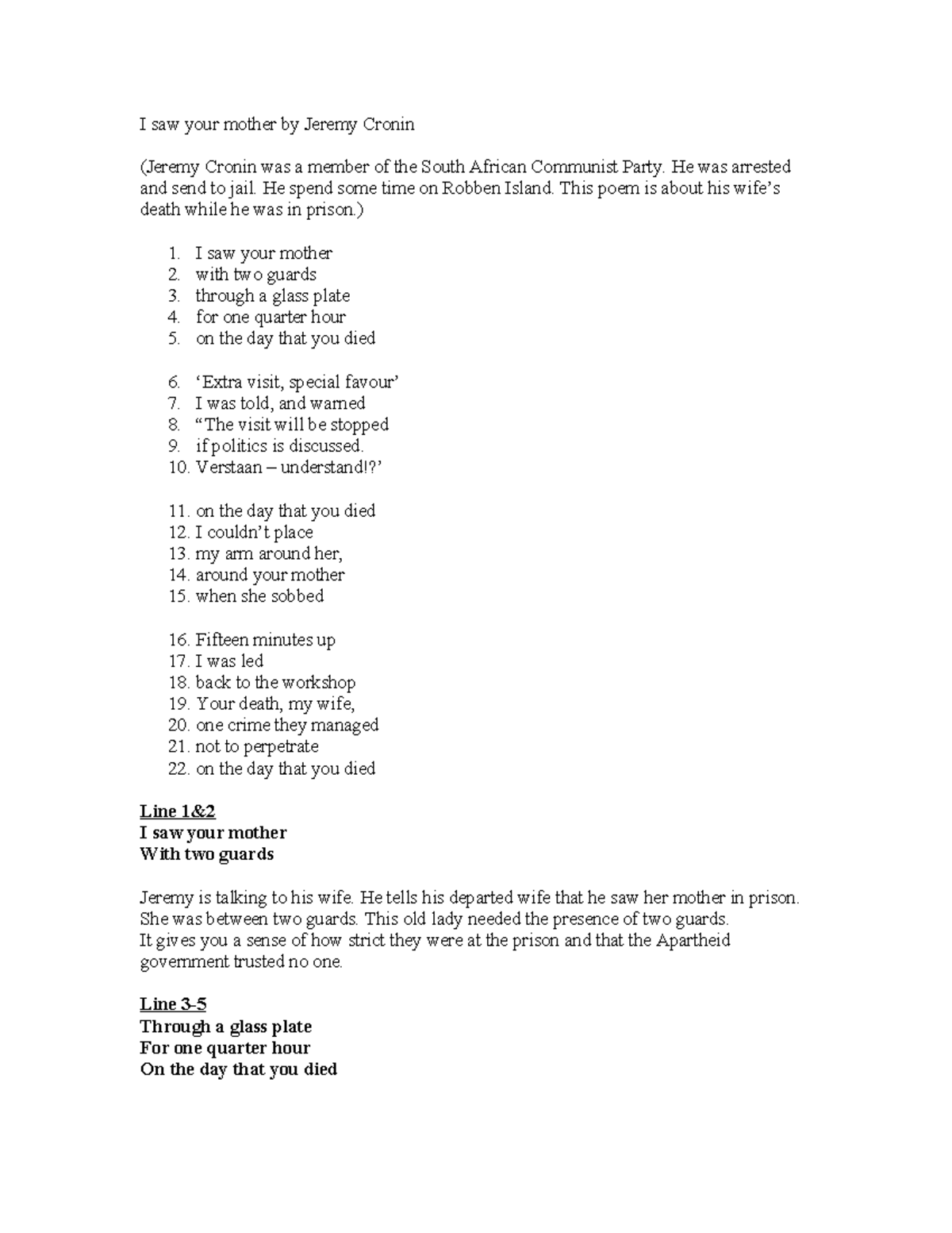 I saw your mother by Jeremy Cronin - I saw your mother by Jeremy Cronin ...