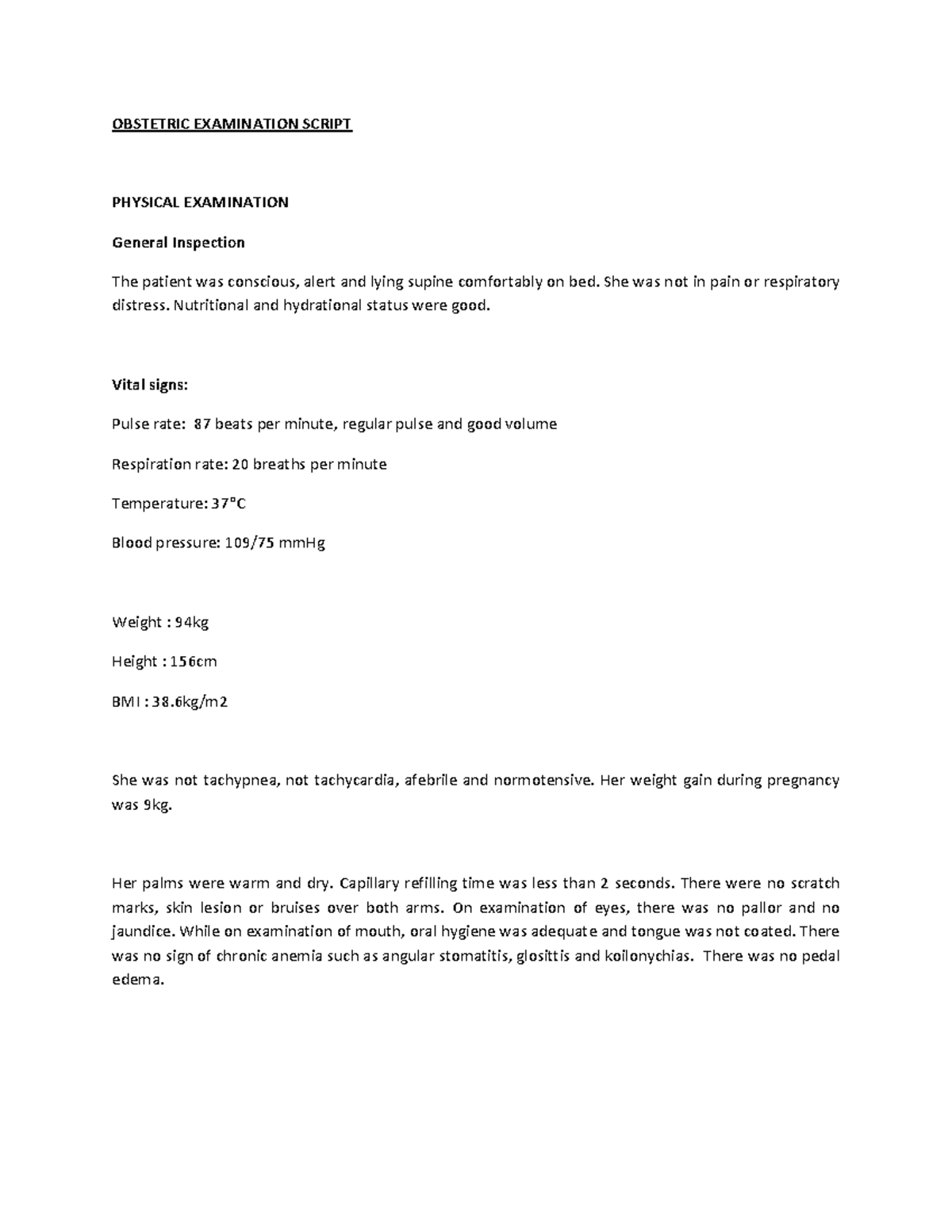 Obstetric Examination Script - OBSTETRIC EXAMINATION SCRIPT PHYSICAL ...