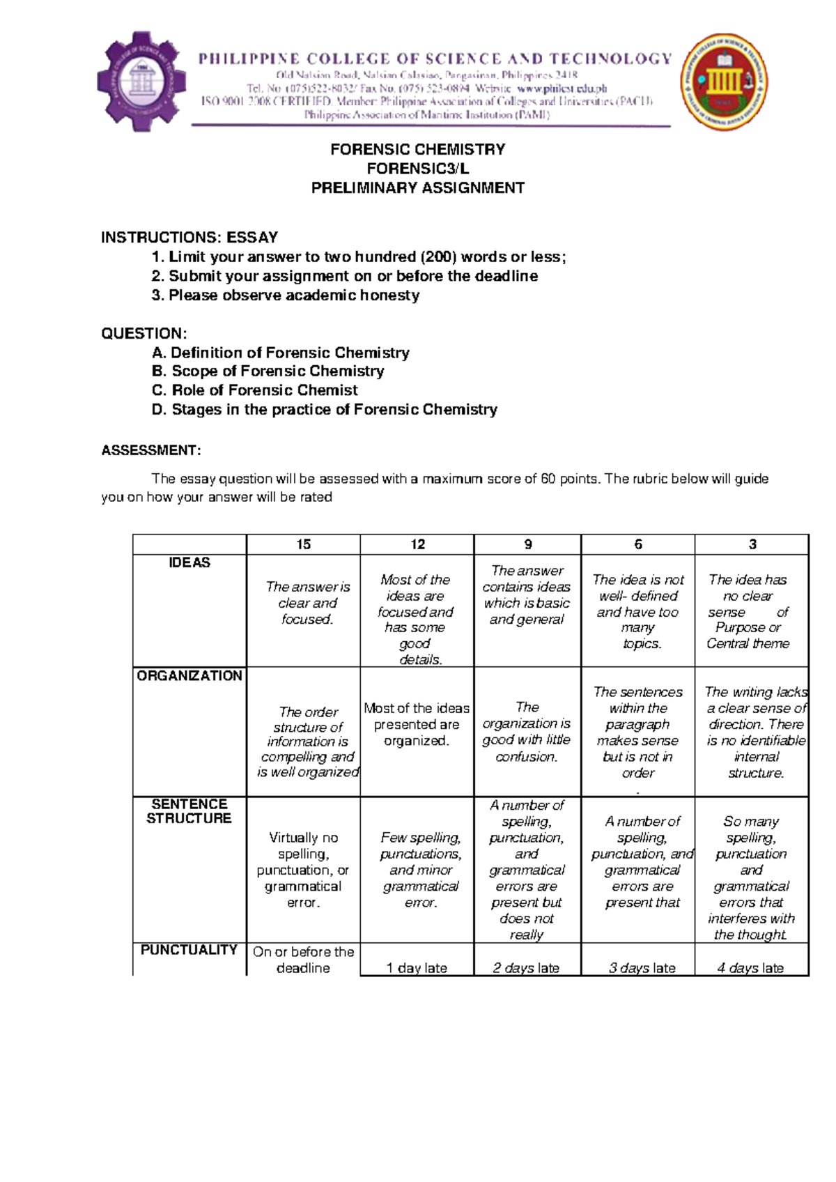 Assignment-1 - gtrtwsd - FORENSIC CHEMISTRY FORENSIC3/L PRELIMINARY ASSIGNMENT INSTRUCTIONS ...