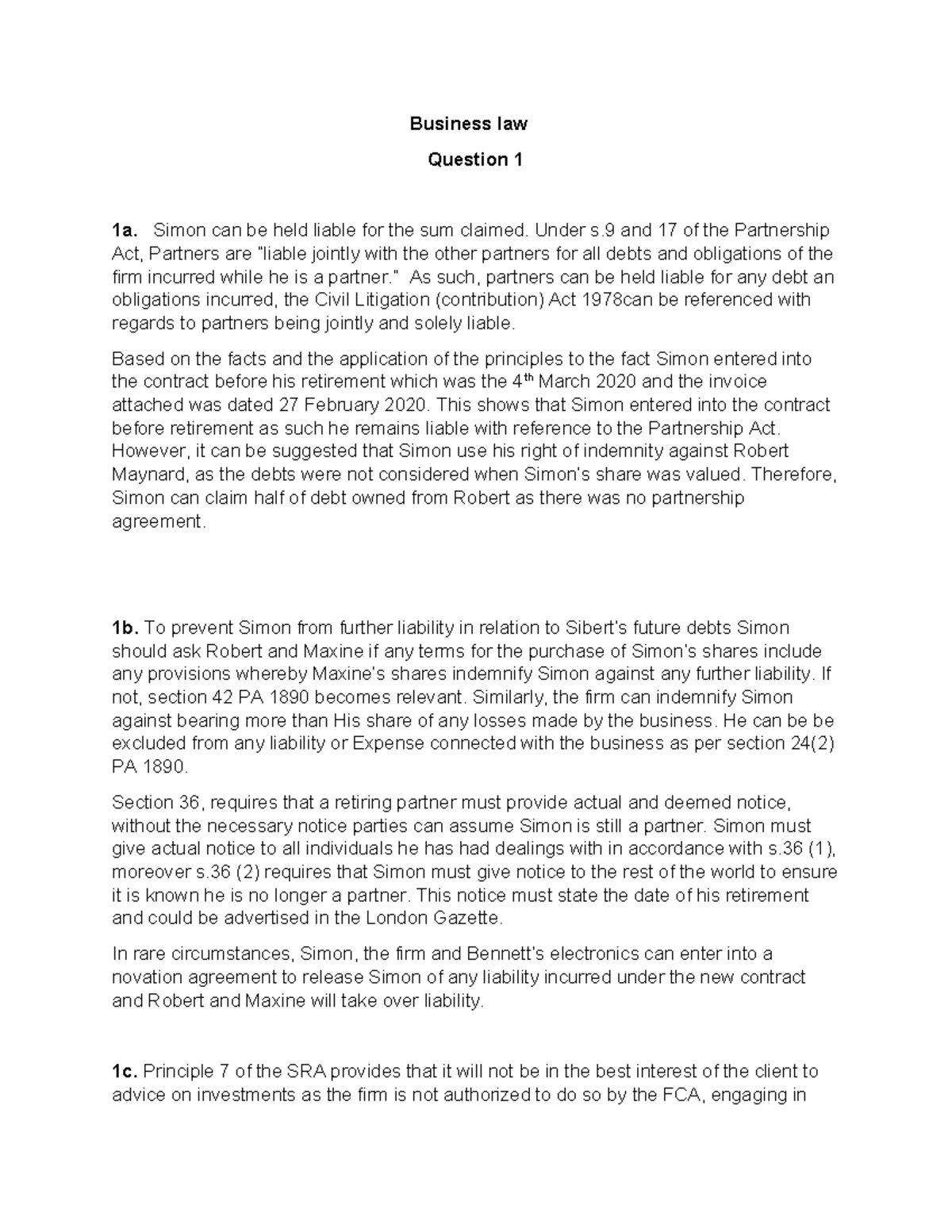 BL mock - Business law mock exam - Business law Question 1 1a. Simon ...