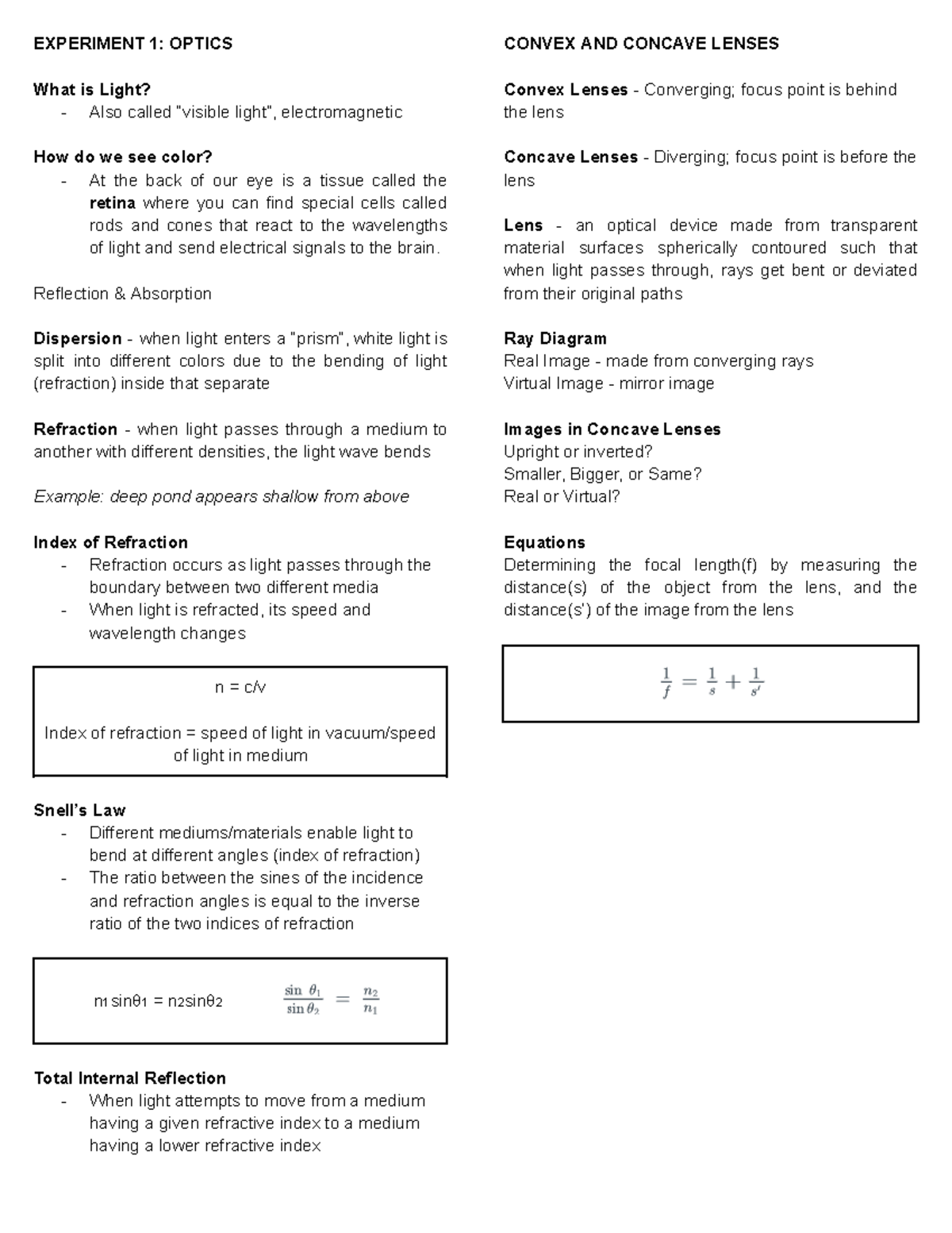 PHYS 02L Notes - EXPERIMENT 1: OPTICS What is Light? - Also called ...