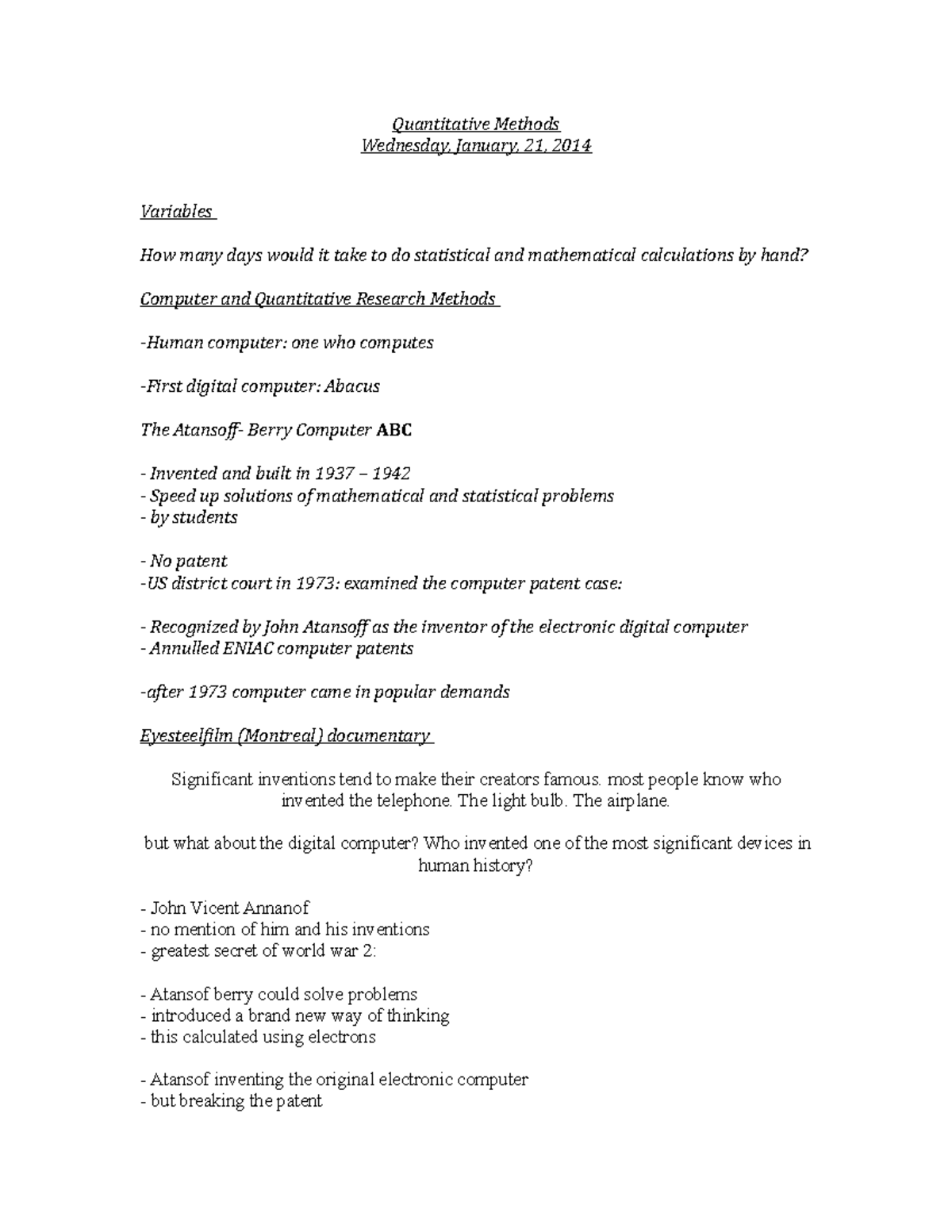 Quantitative Methods - Course Notes - Quantitative Methods Wednesday ...