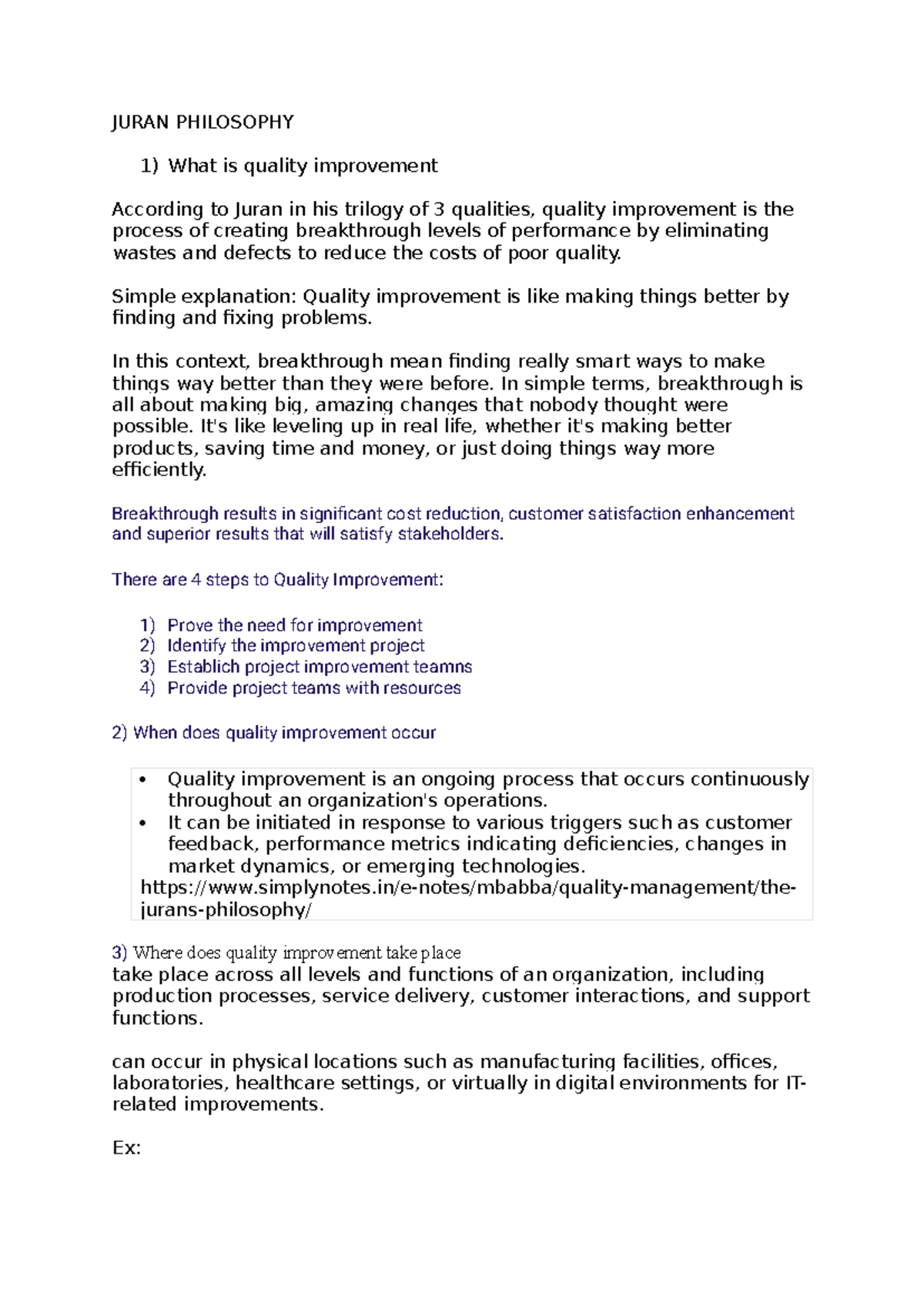 Juran Philosophy - JURAN PHILOSOPHY 1) What is quality improvement ...