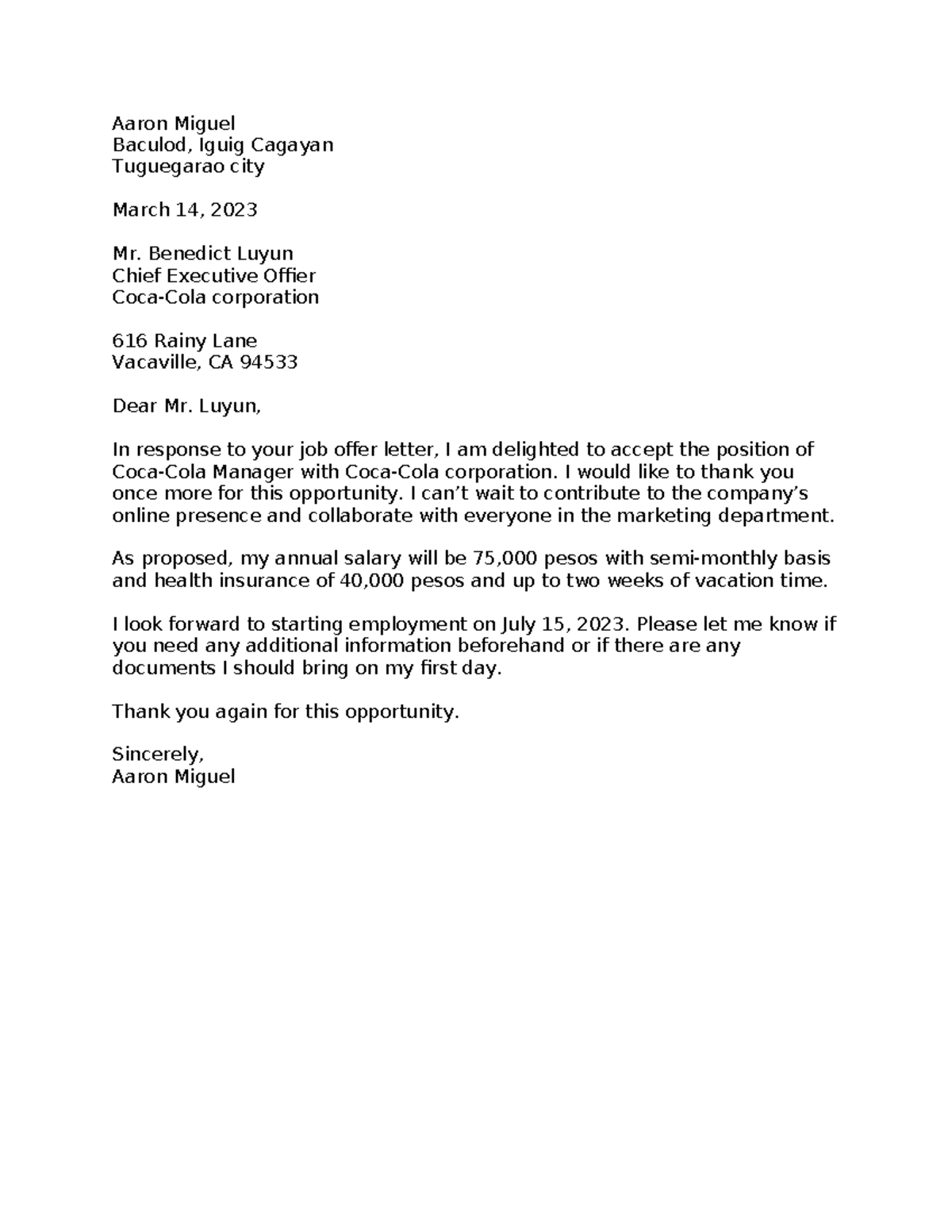 Acceptance letter - Aaron Miguel Baculod, Iguig Cagayan Tuguegarao city ...