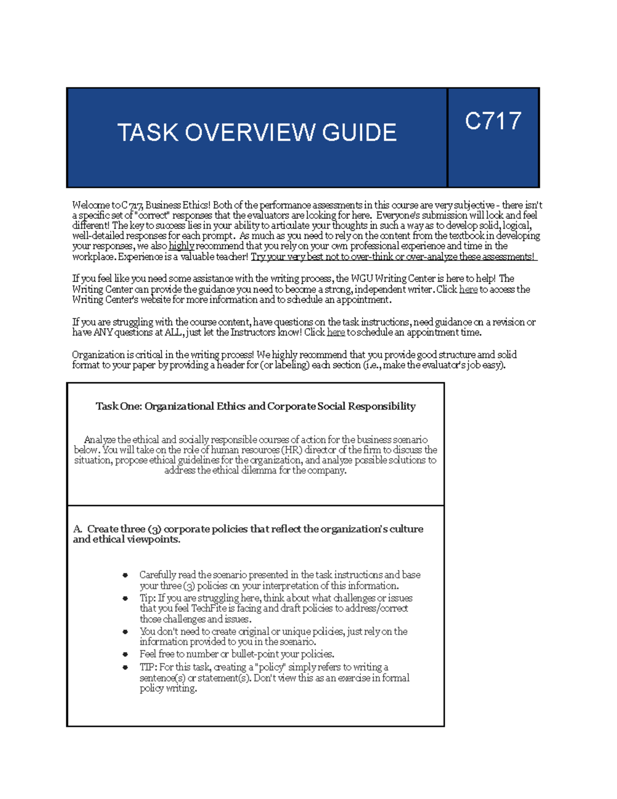C717 Business Ethics - TASK Overview Guide - TASK OVERVIEW GUIDE C ...