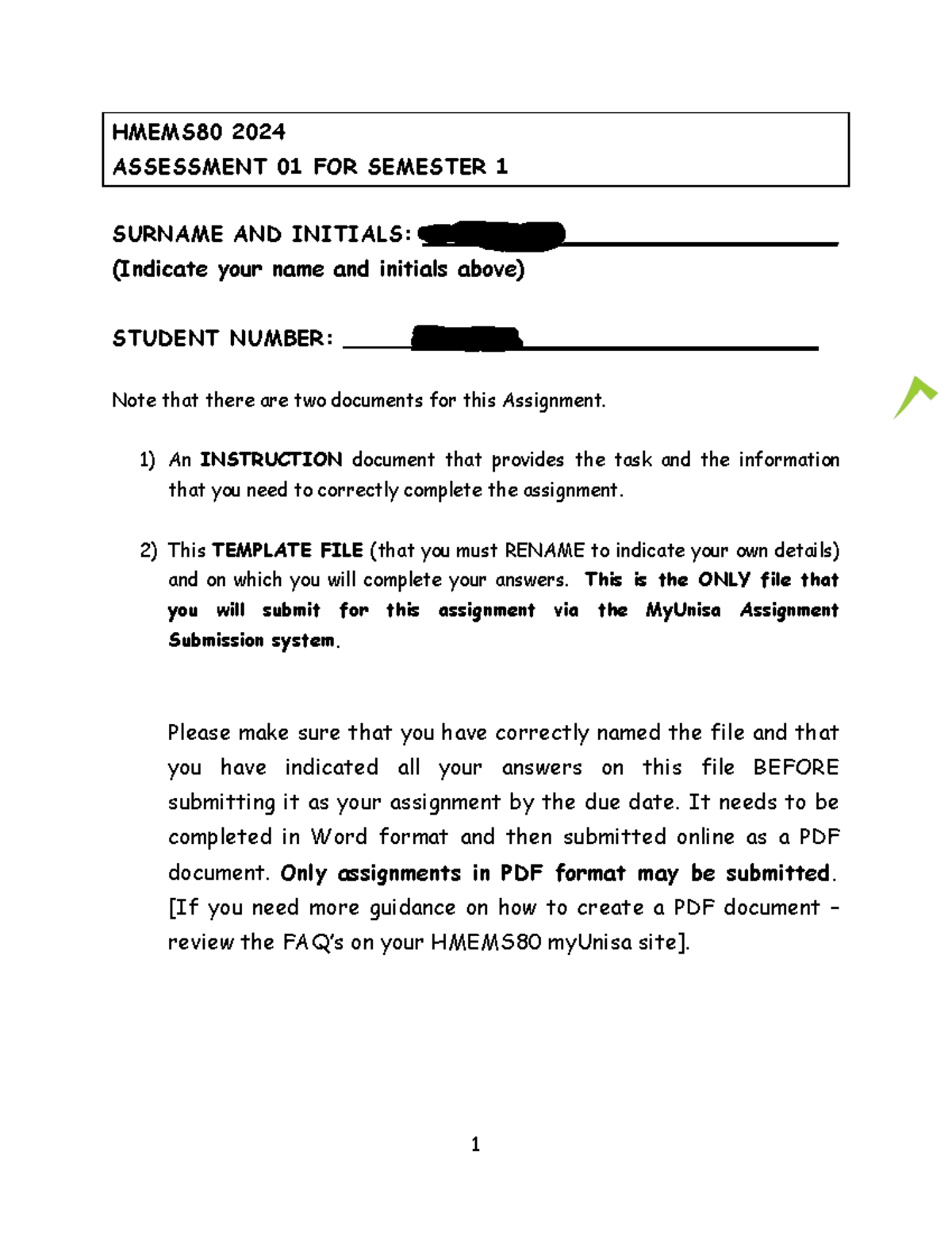 HMEMS80 assignment 1 - HMEMS80 20 24 ASSESSMENT 01 FOR SEMESTER 1 SURNAME AND INITIALS: SILINDA ...