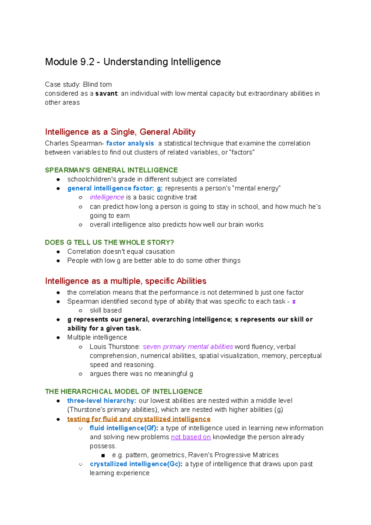 PSY100H1 UTSG Reading Notes Module 9.2 - Understanding Intelligence ...
