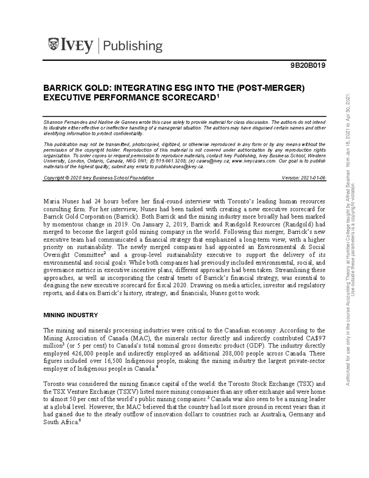 1. Barick Gold-Summer 2021 - 9B20B BARRICK GOLD: INTEGRATING ESG INTO ...