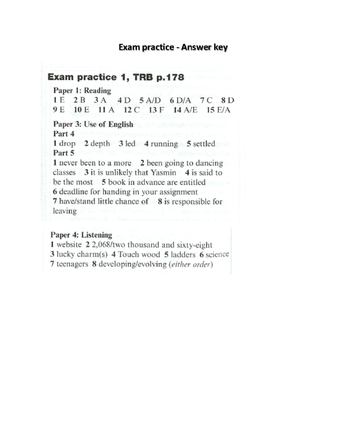 Advanced Expert CAE - Exam Practice KEY - Exam practice Answer key Exam ...