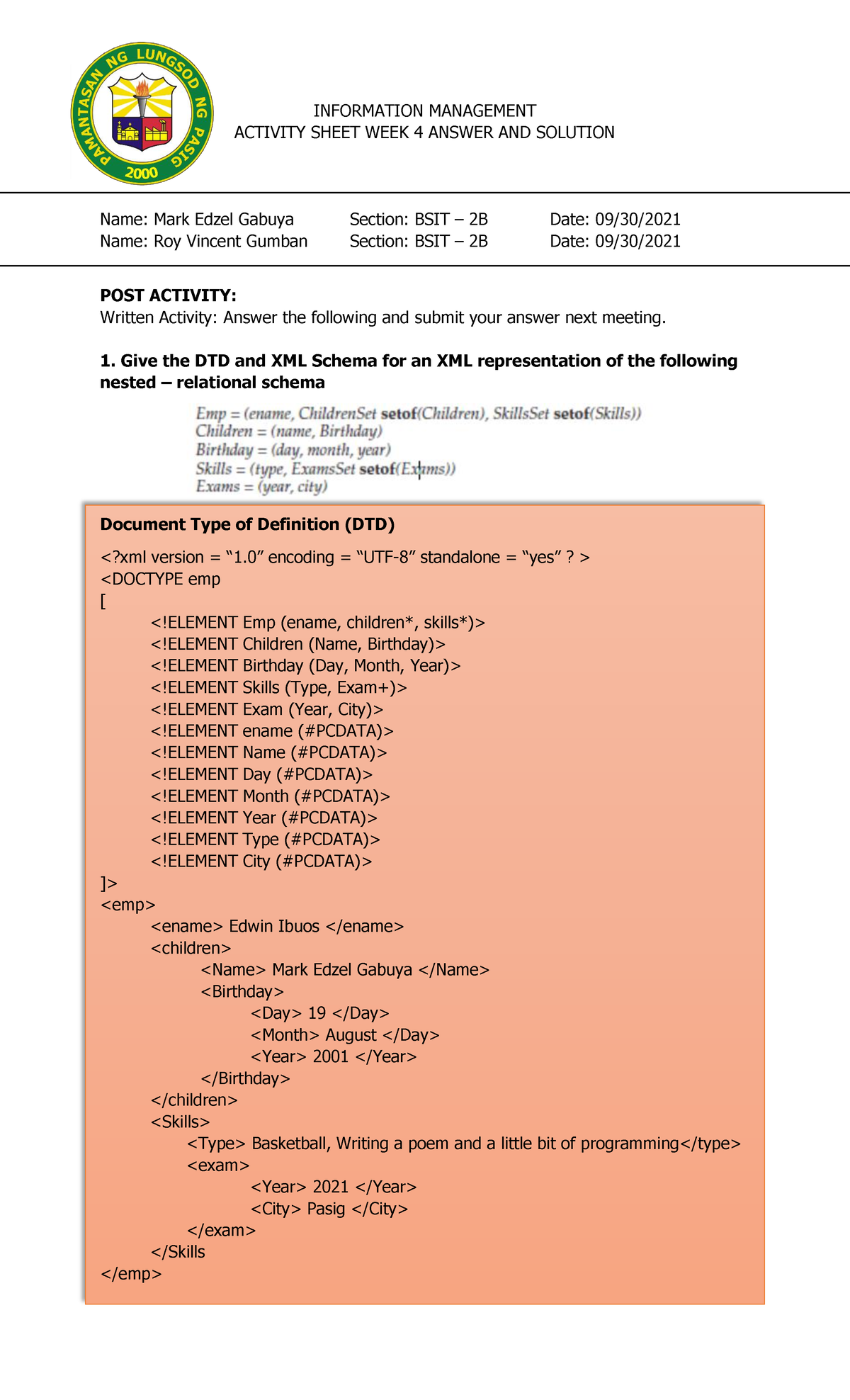 Activity XML with partner - INFORMATION MANAGEMENT ACTIVITY SHEET WEEK ...