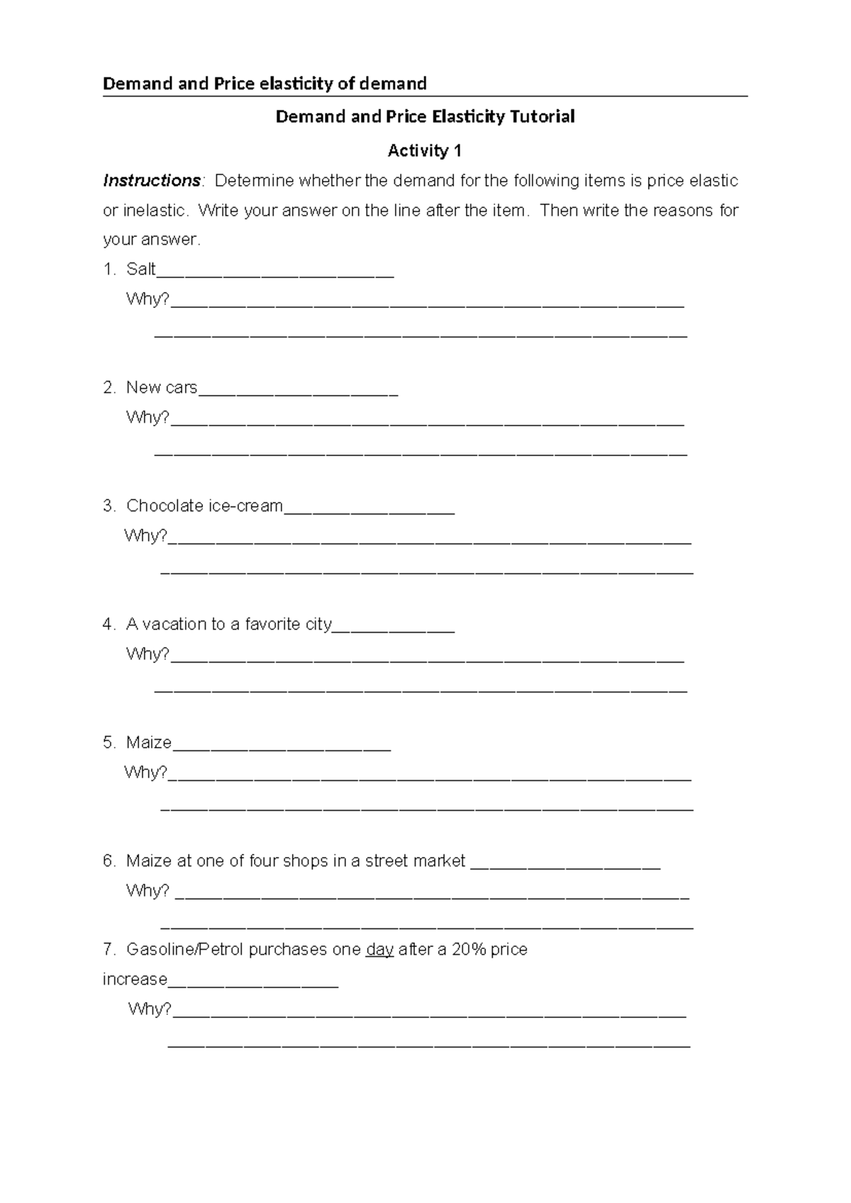 Demand and Price Elasticity Tutorial - Demand and Price Elasticity Tutorial Activity 1 ...
