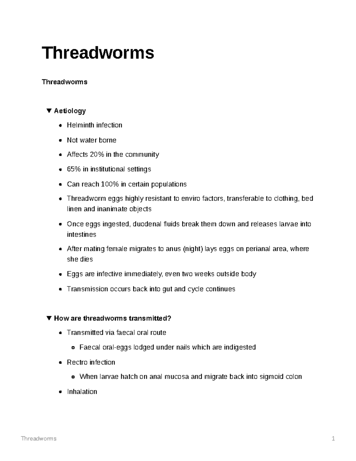 Threadworms summarised lecture notes - Threadworms 1 Threadworms ...