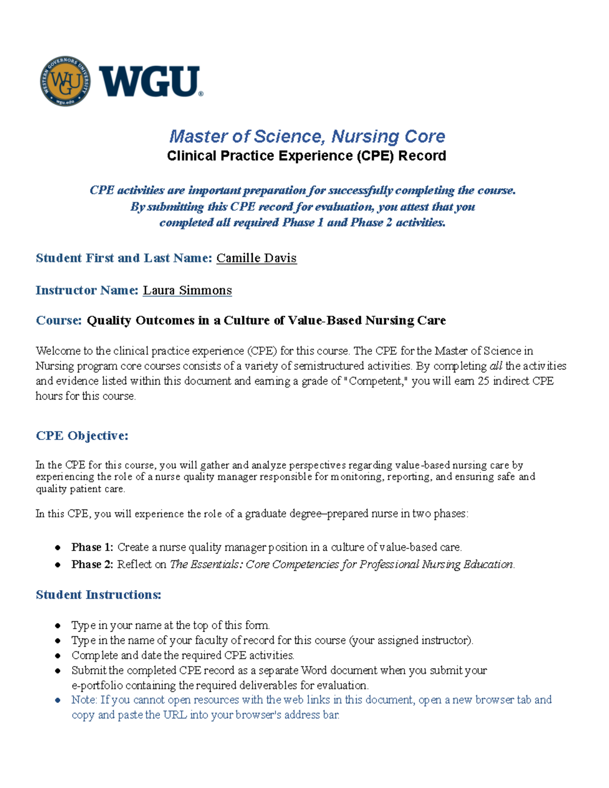 CDavis Clinical Practice Experience Record - Master of Science, Nursing ...