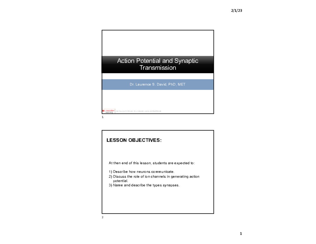 NEUR 1203 - Lecture 4 - Action Potential and Synaptic Transmission Dr ...
