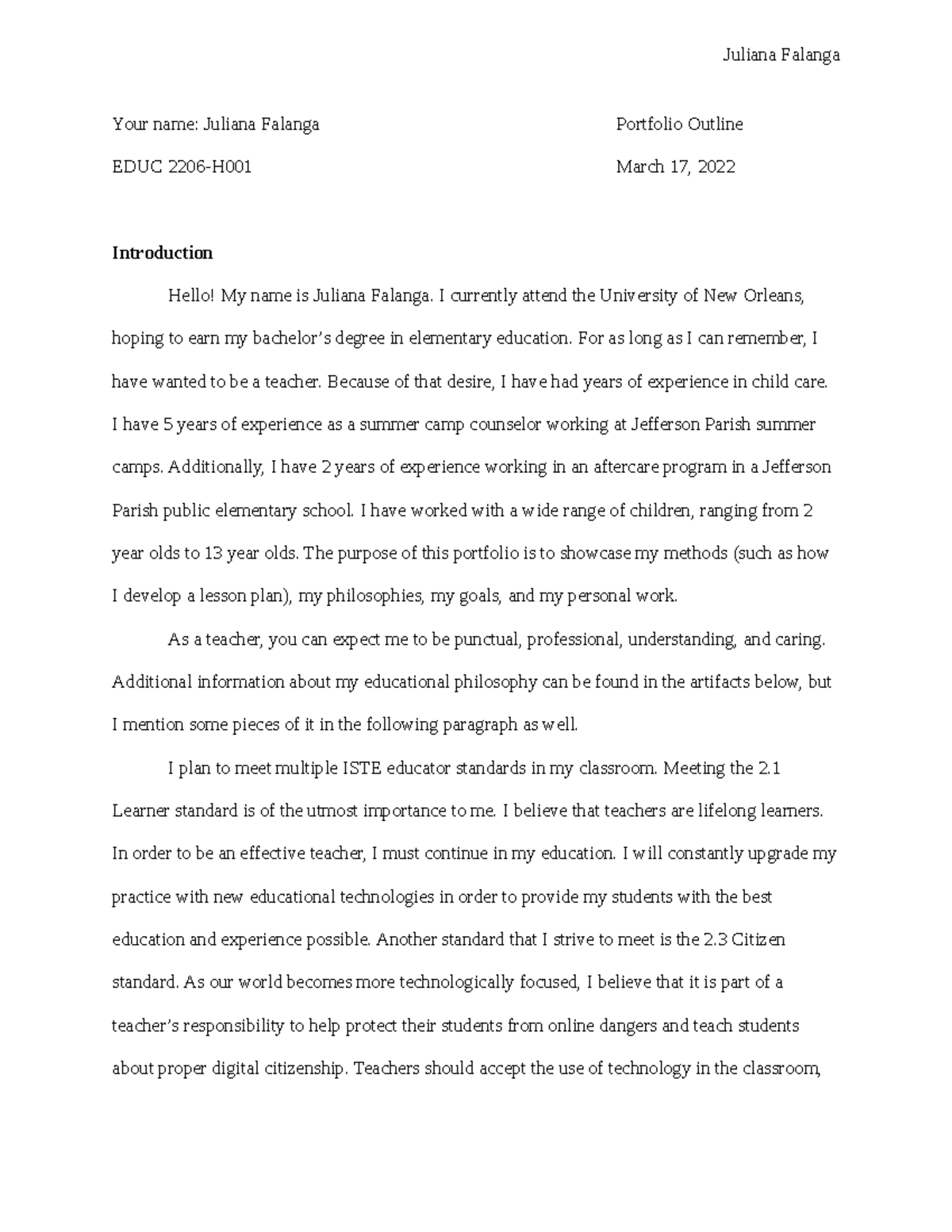 EDUC2206H001 portoutline - Your name: Juliana Falanga Portfolio Outline ...