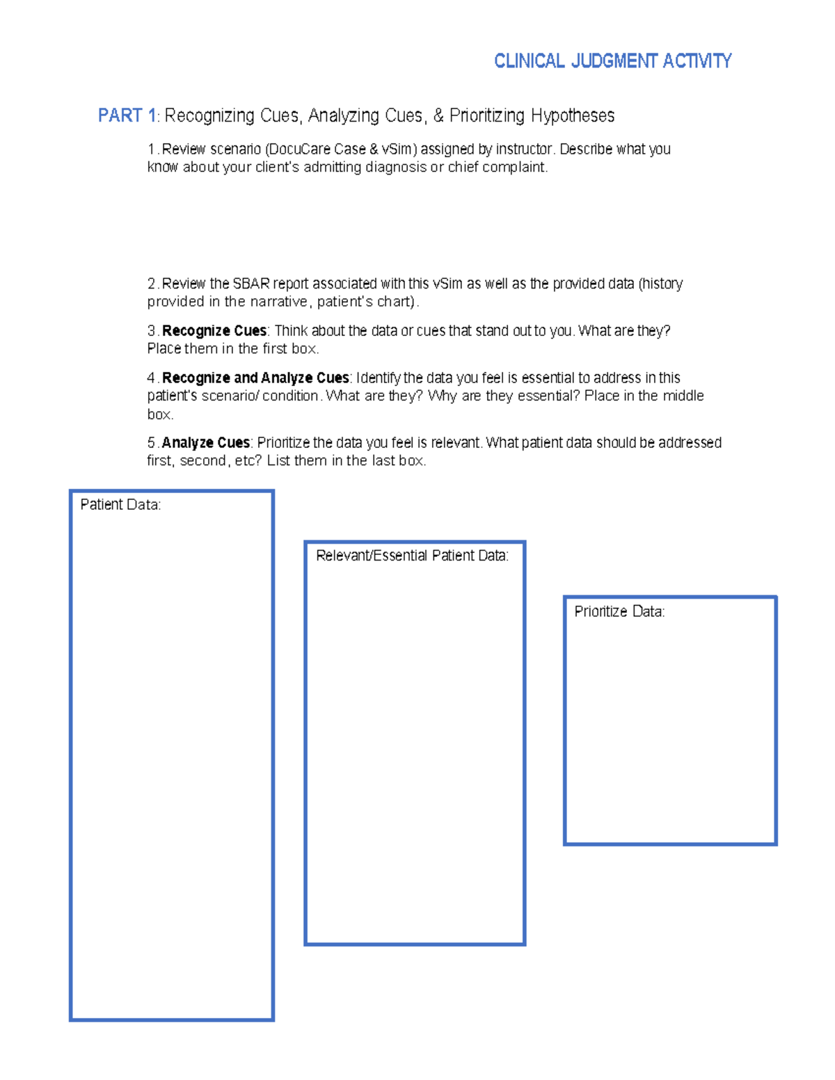 Pre-Sim Clinical Judgment Worksheet Finalized - CLINICAL JUDGMENT ...