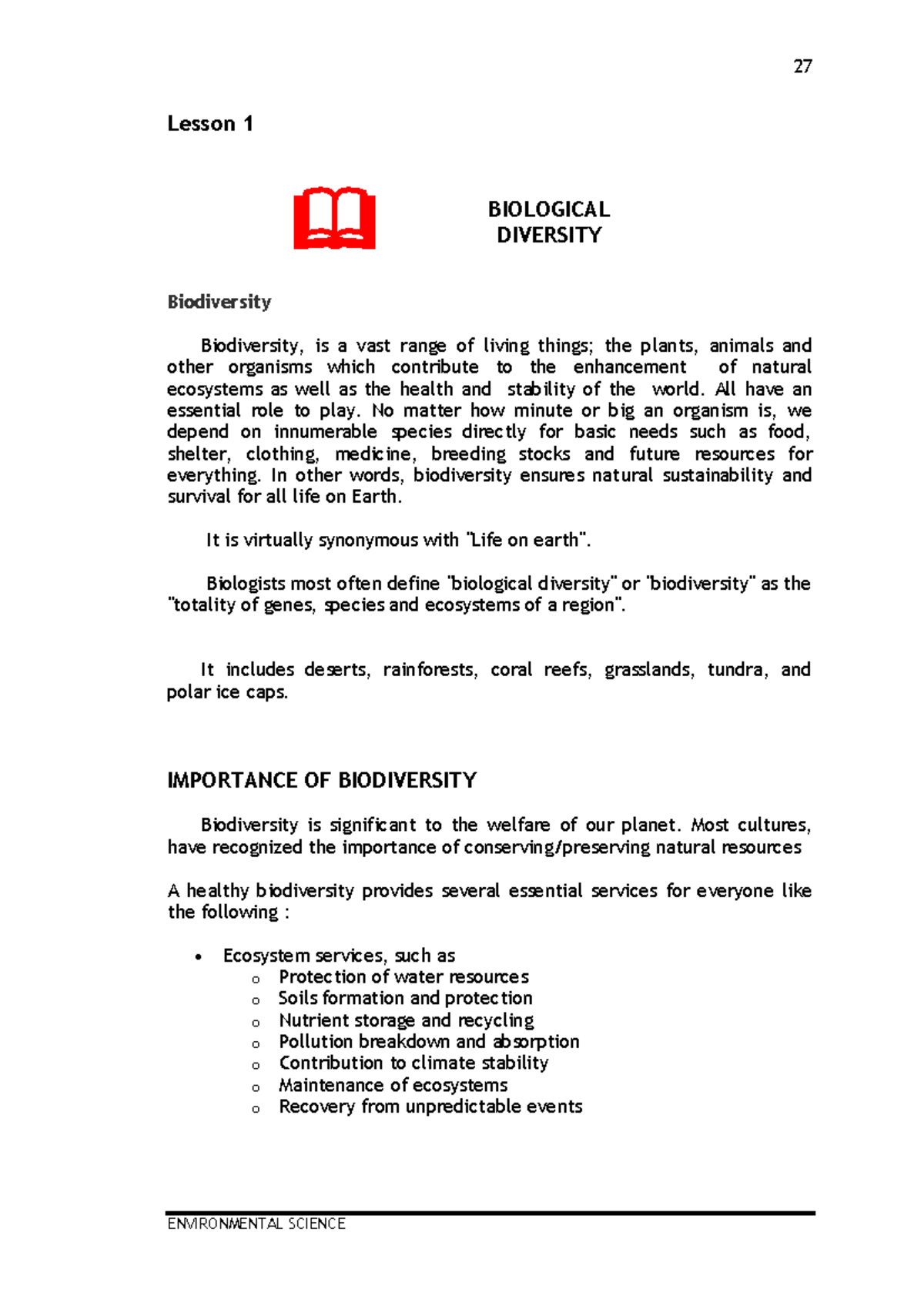 GEEC 101-Lesson 1 - GEEC 101 Lesson 1 - Lesson 1 Biodiversity ...