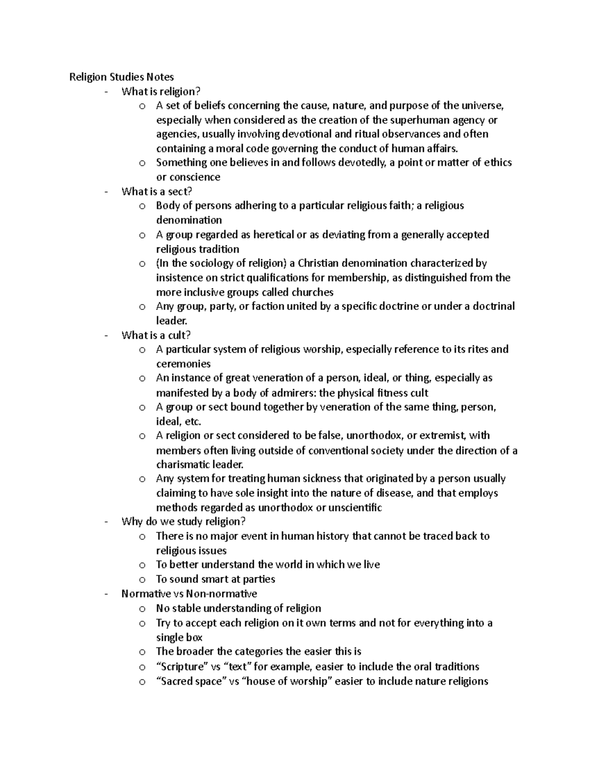 Religion Studies Notes - o Something one believes in and follows ...