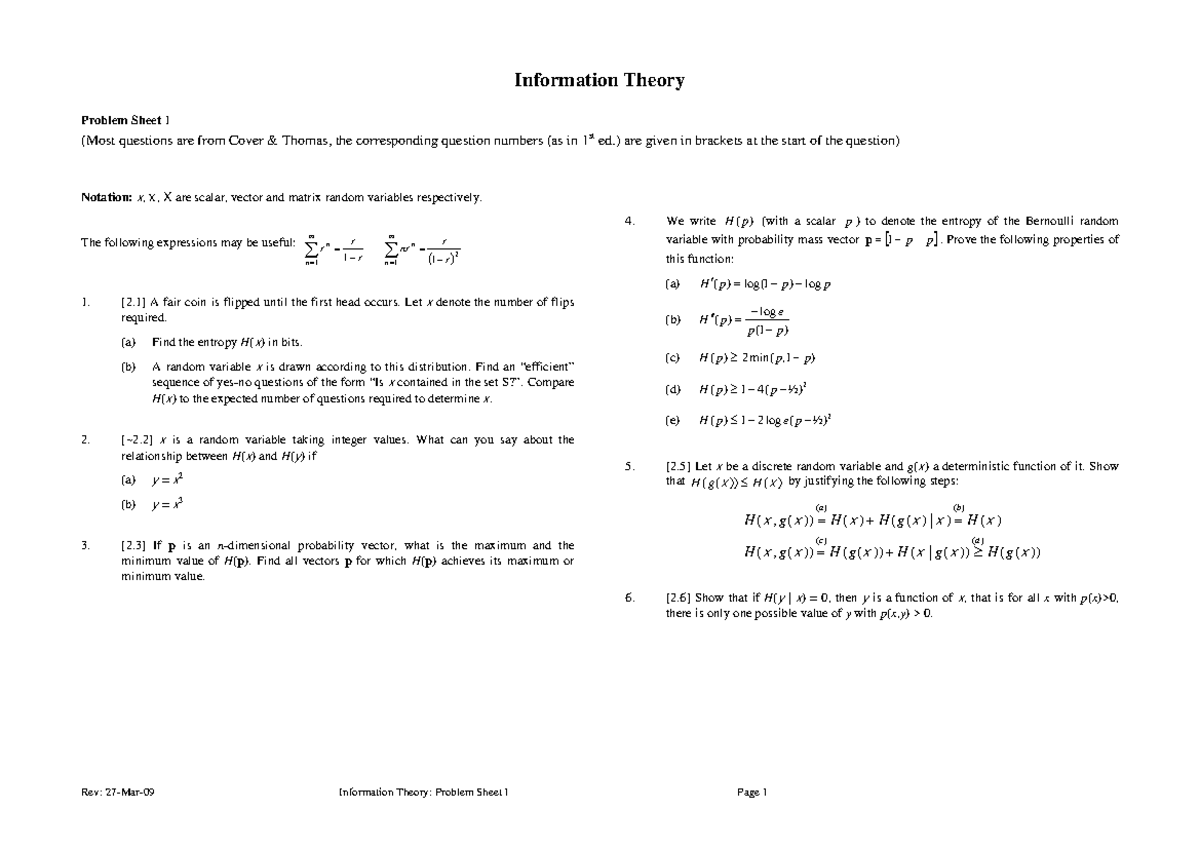 EE4.40 Information Theory Problem sheet - Information Theory Problem ...
