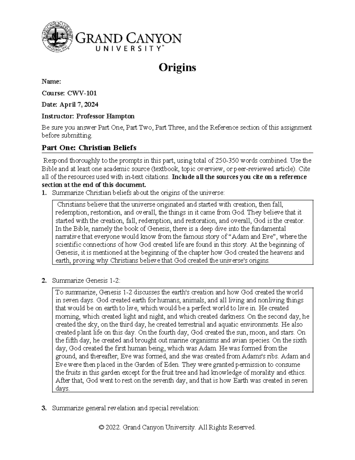 CWV 101 301 RS T2Origins - Origins Name: Course: CWV- Date: April 7 ...