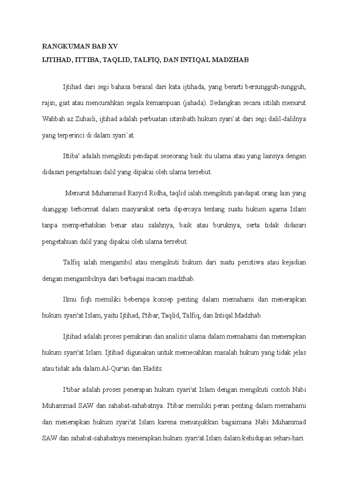 Rangkuman BAB XV : IJTIHAD, ITTIBA`, TAQLID, TALFIQ DAN INTIQOL AL ...