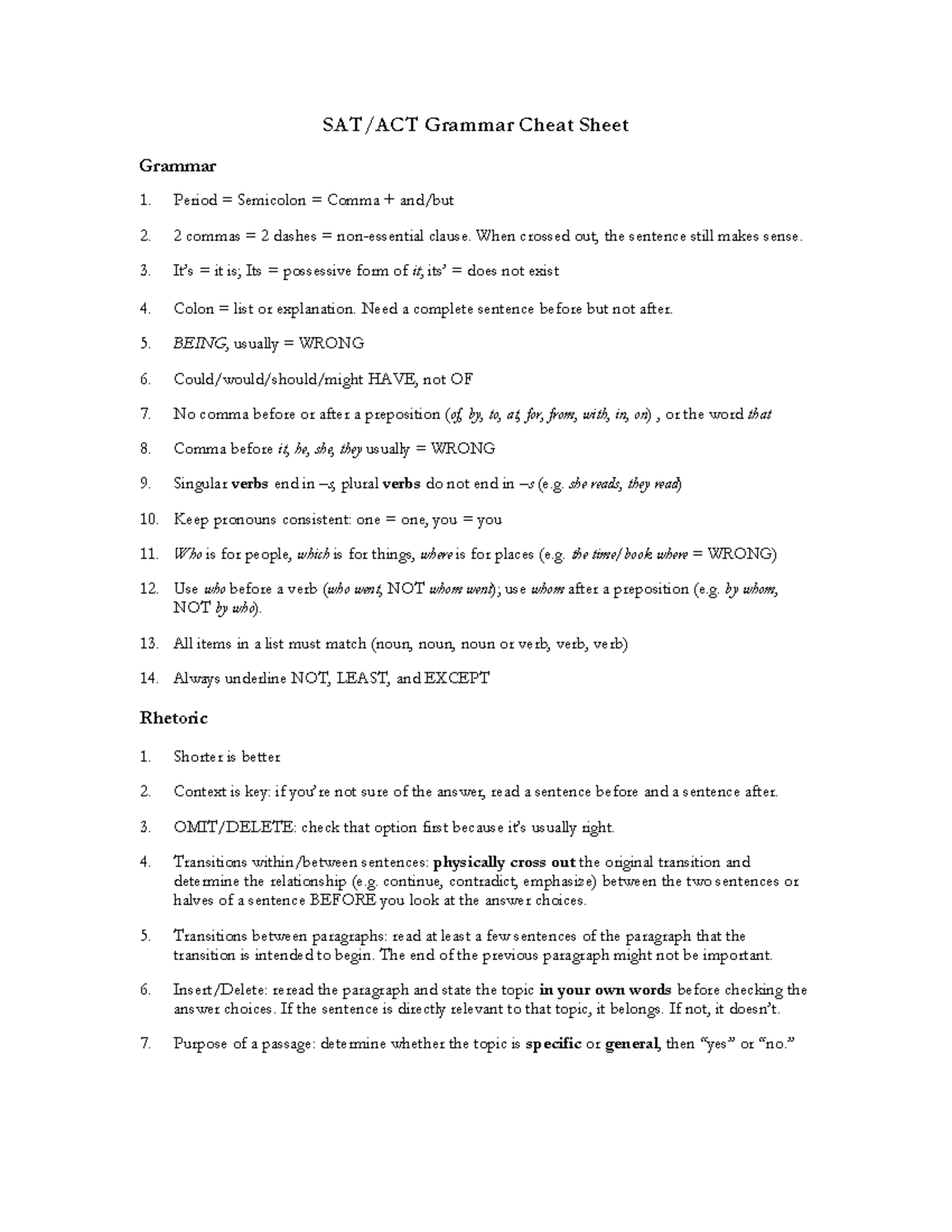 SAT ACT-grammar-cheat-sheet - SAT/ACT Grammar Cheat Sheet Grammar ...