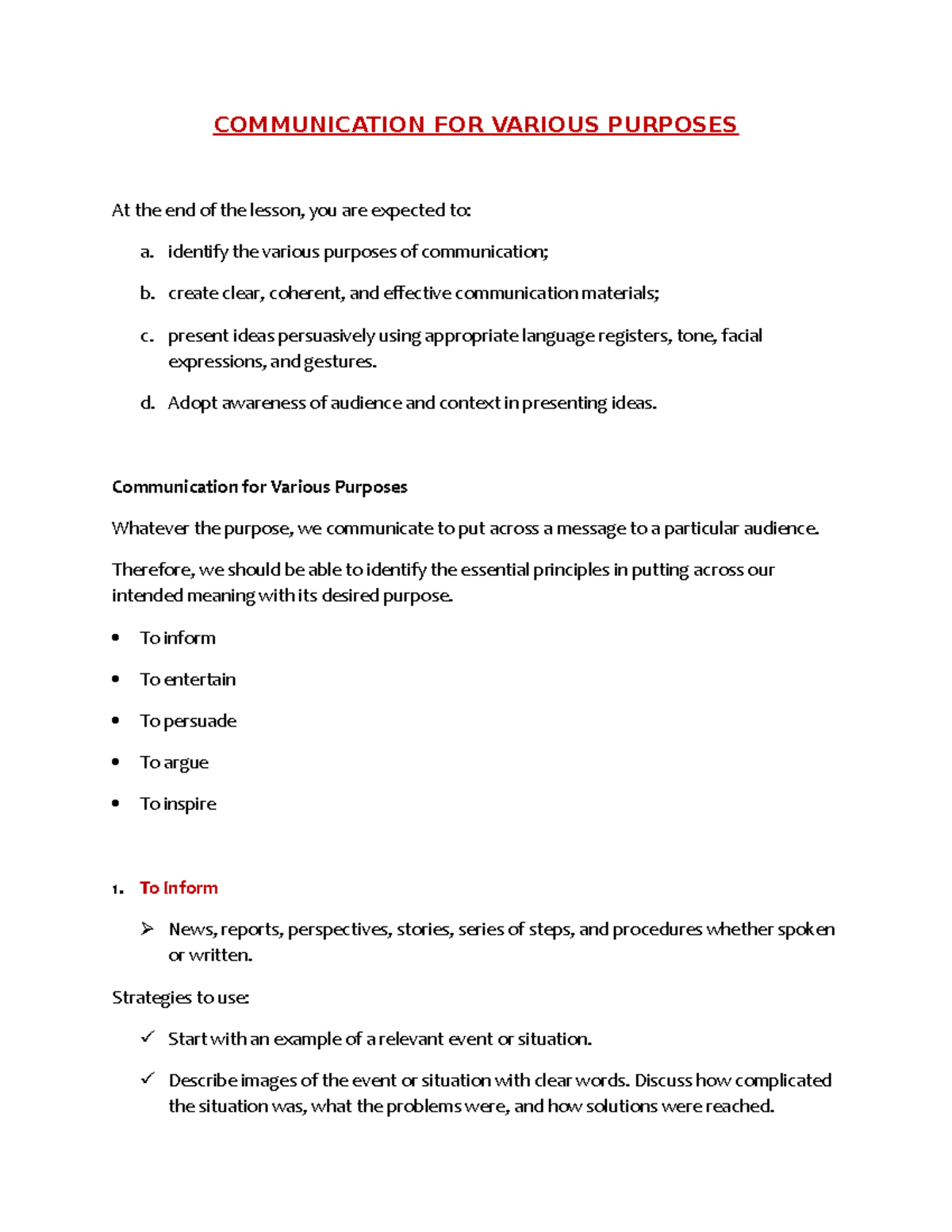 Communication FOR Various Purposes - COMMUNICATION FOR VARIOUS PURPOSES ...