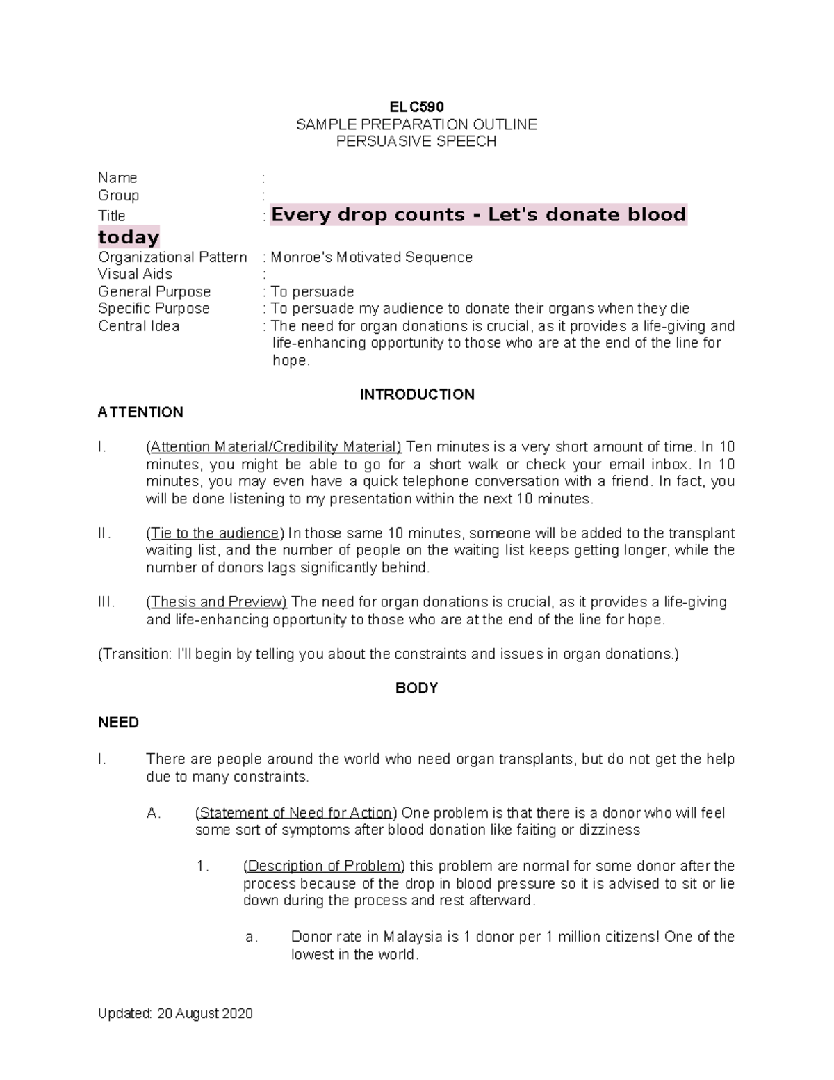 2. ELC590 PS Outline Sample Organ Donation - ELC SAMPLE PREPARATION ...