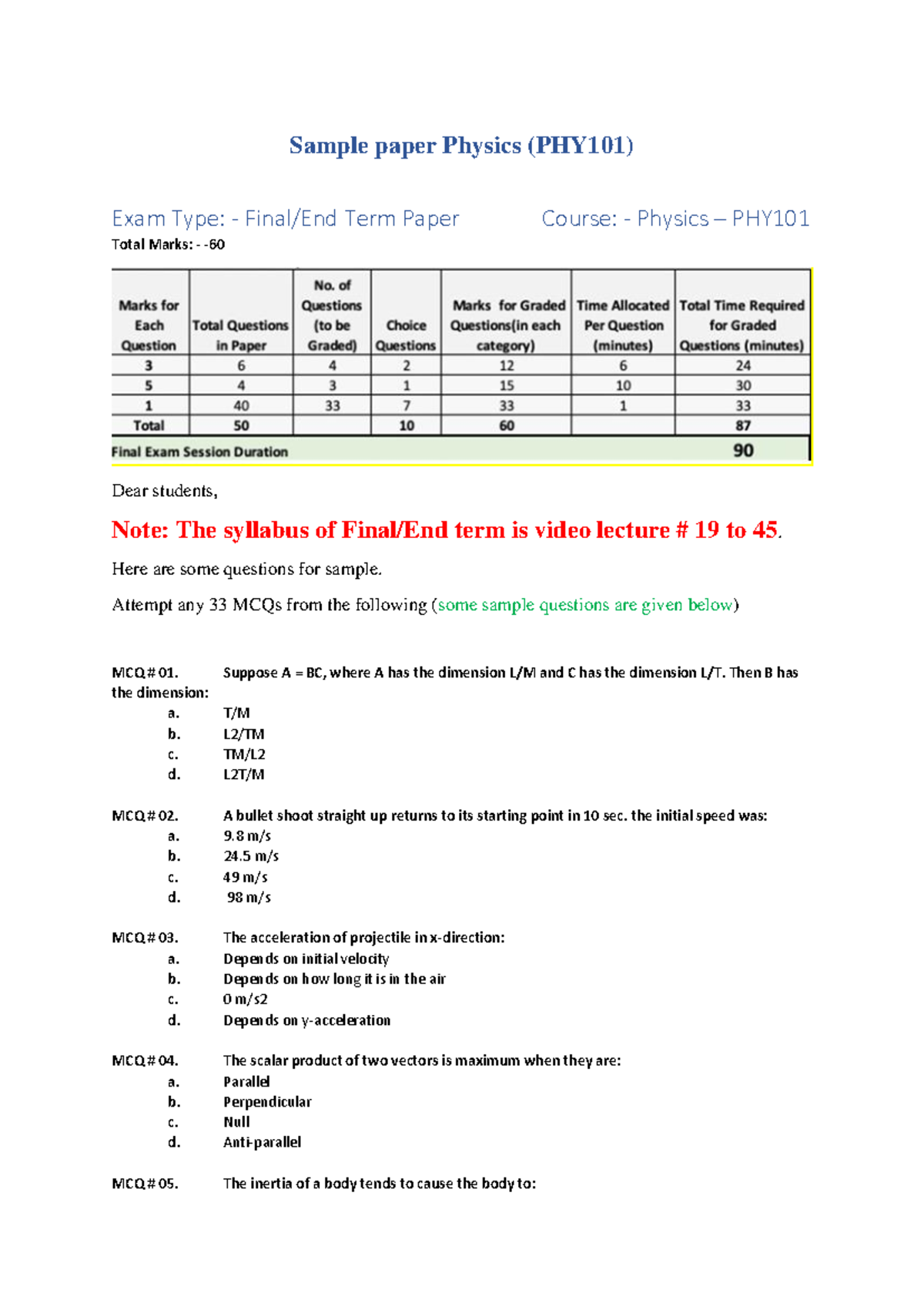 PHY101 SP - Sample Paper - Sample paper Physics (PHY101) Exam Type ...