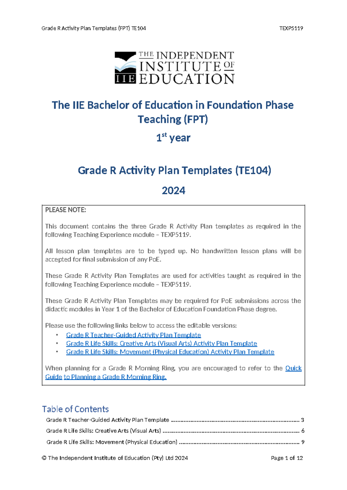 TEXP5119 TE104 Grade R Activity Plan Templates - The IIE Bachelor of ...