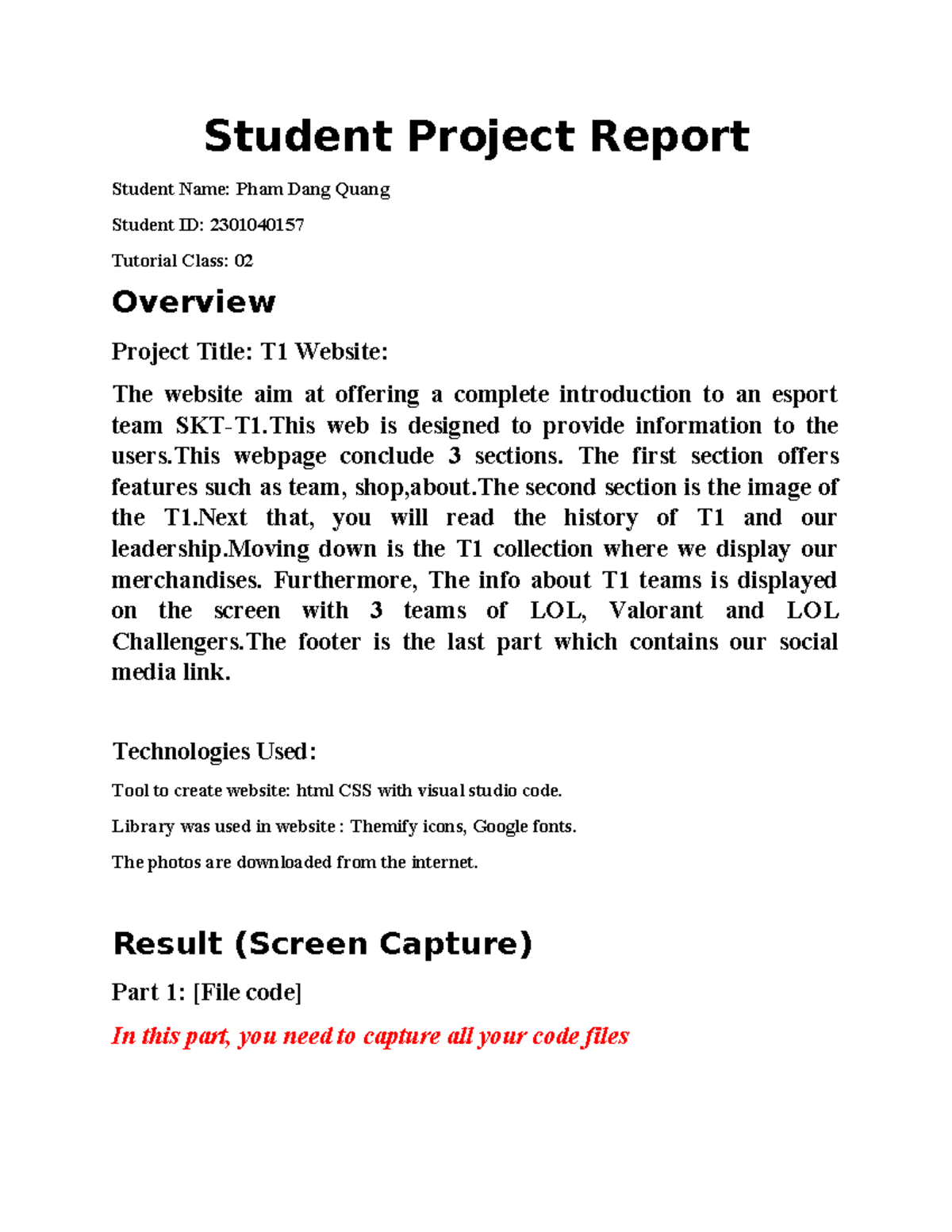 Pco report example - jn; - Student Project Report Student Name: Pham Dang Quang Student ID ...