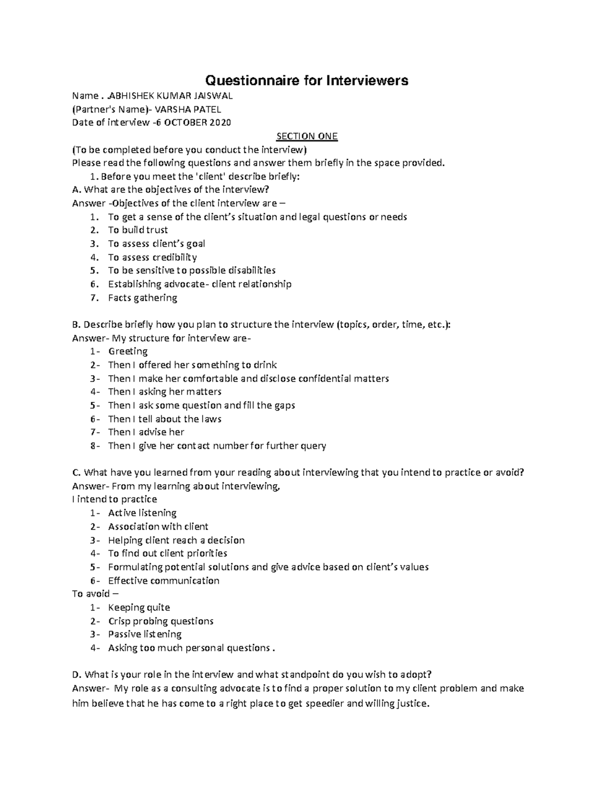 Questionnaire For Interviewers Abhishek Kumar Jaiswal Partners Name Varsha Patel Date Of