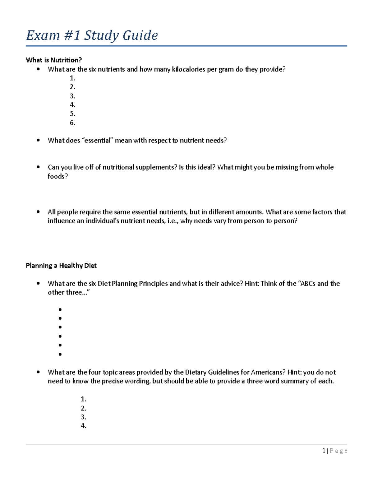 7 - Exam #1 review questions - Exam #1 Study Guide What is Nutrition ...