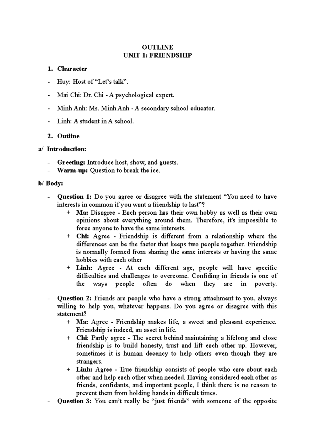 [4A] Talk Show - Outline - OUTLINE UNIT 1: FRIENDSHIP Character Huy ...