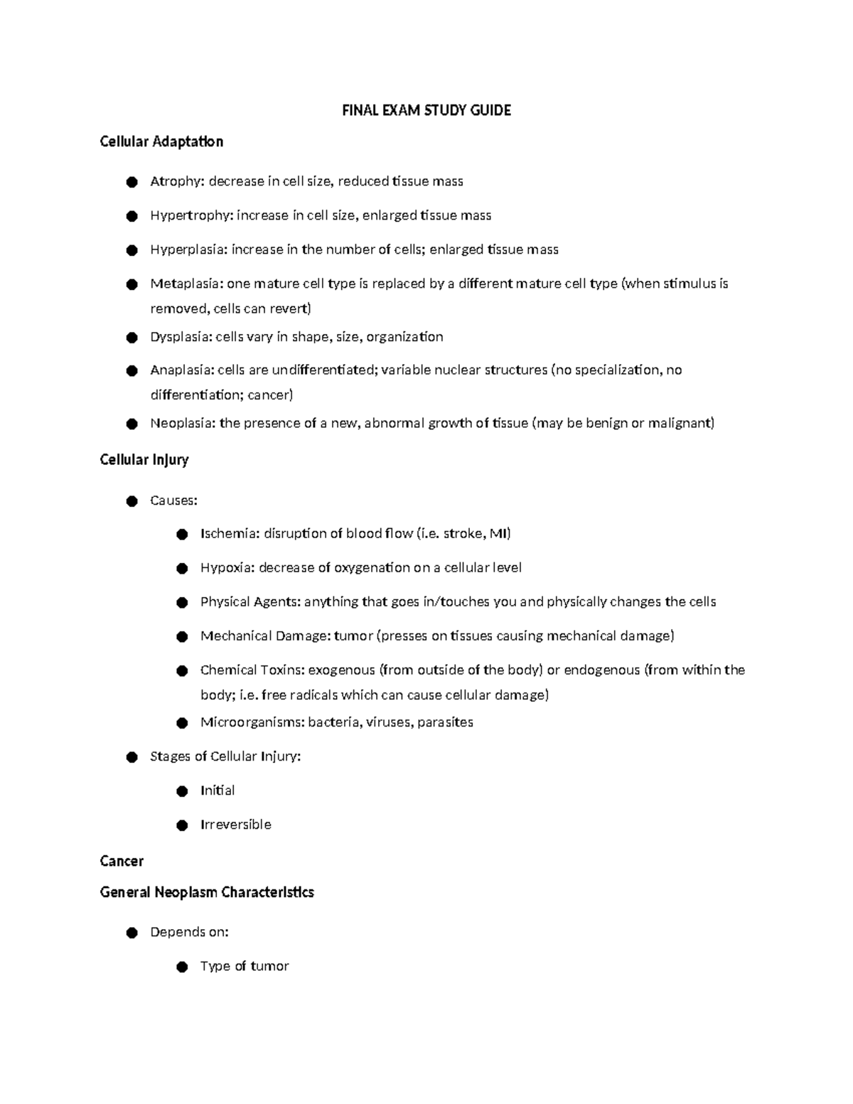 Patho Study Guide Exam 4 - FINAL EXAM STUDY GUIDE Cellular Adaptation ...