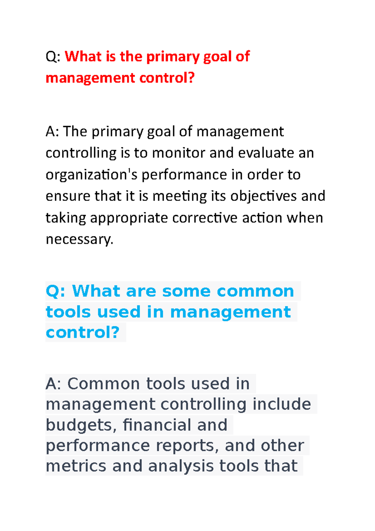 Practical Controlngques - Q: What is the primary goal of management ...