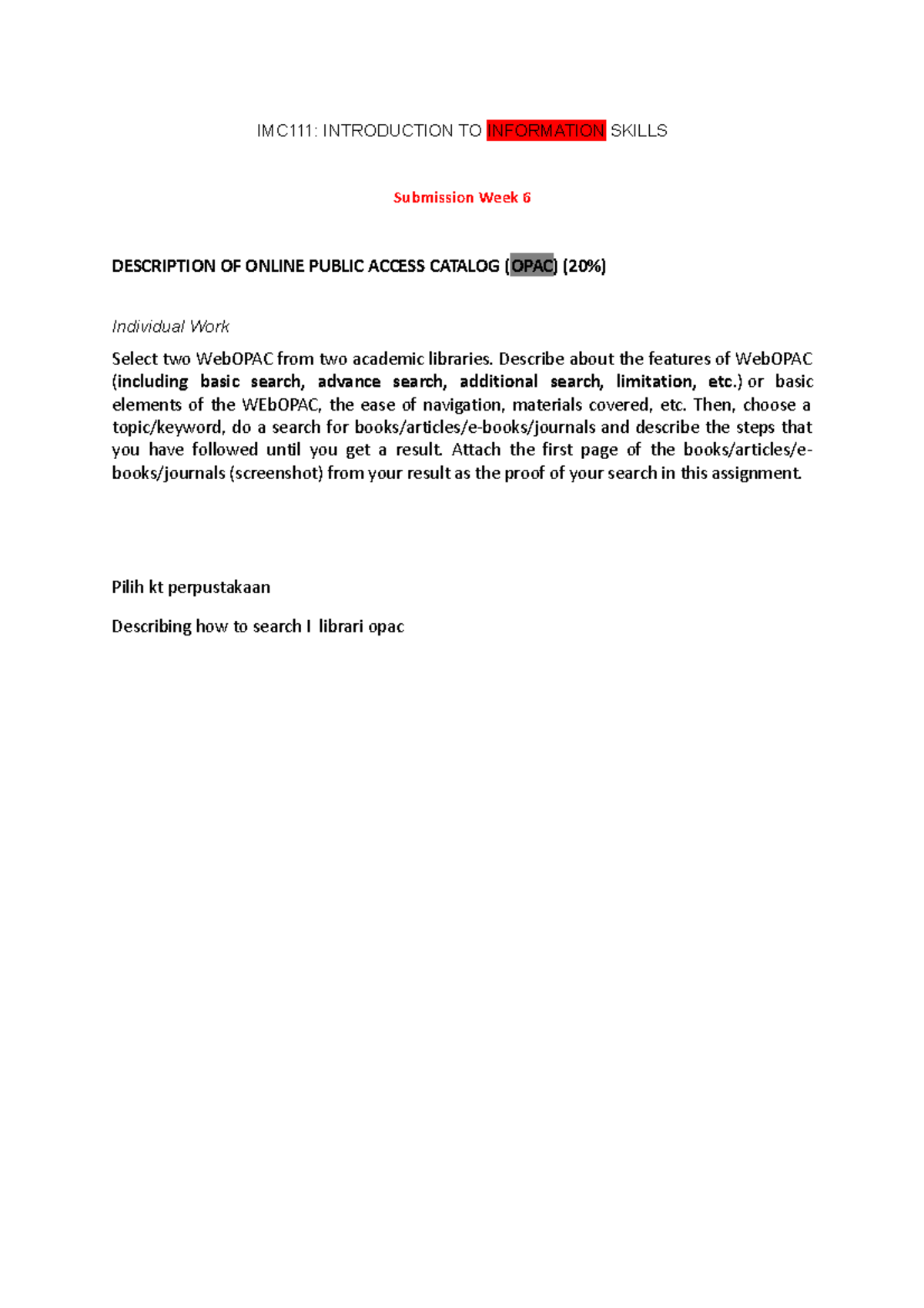 Assignment 1 - OPAC - Just question for assigment - IMC111 ...