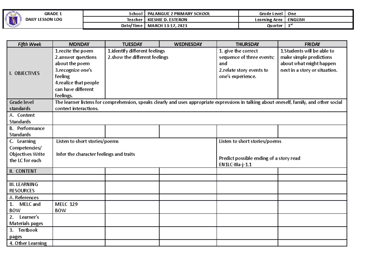 English 1-Q3-WEEK5 - Learning Plan/Lesson Plan - GRADE 1 DAILY LESSON ...