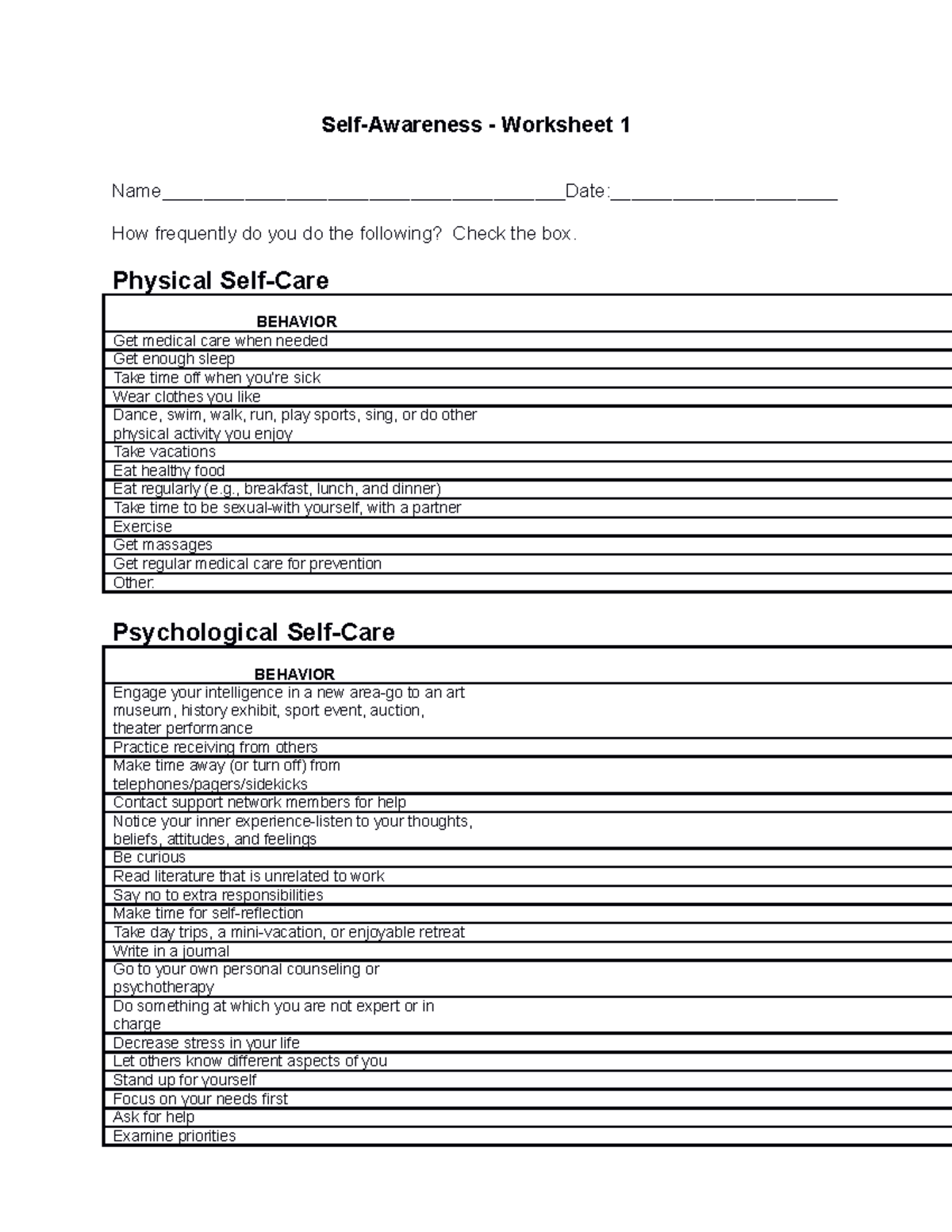 Self Awareness Form Introduction - Self-Awareness - Worksheet 1 - Studocu