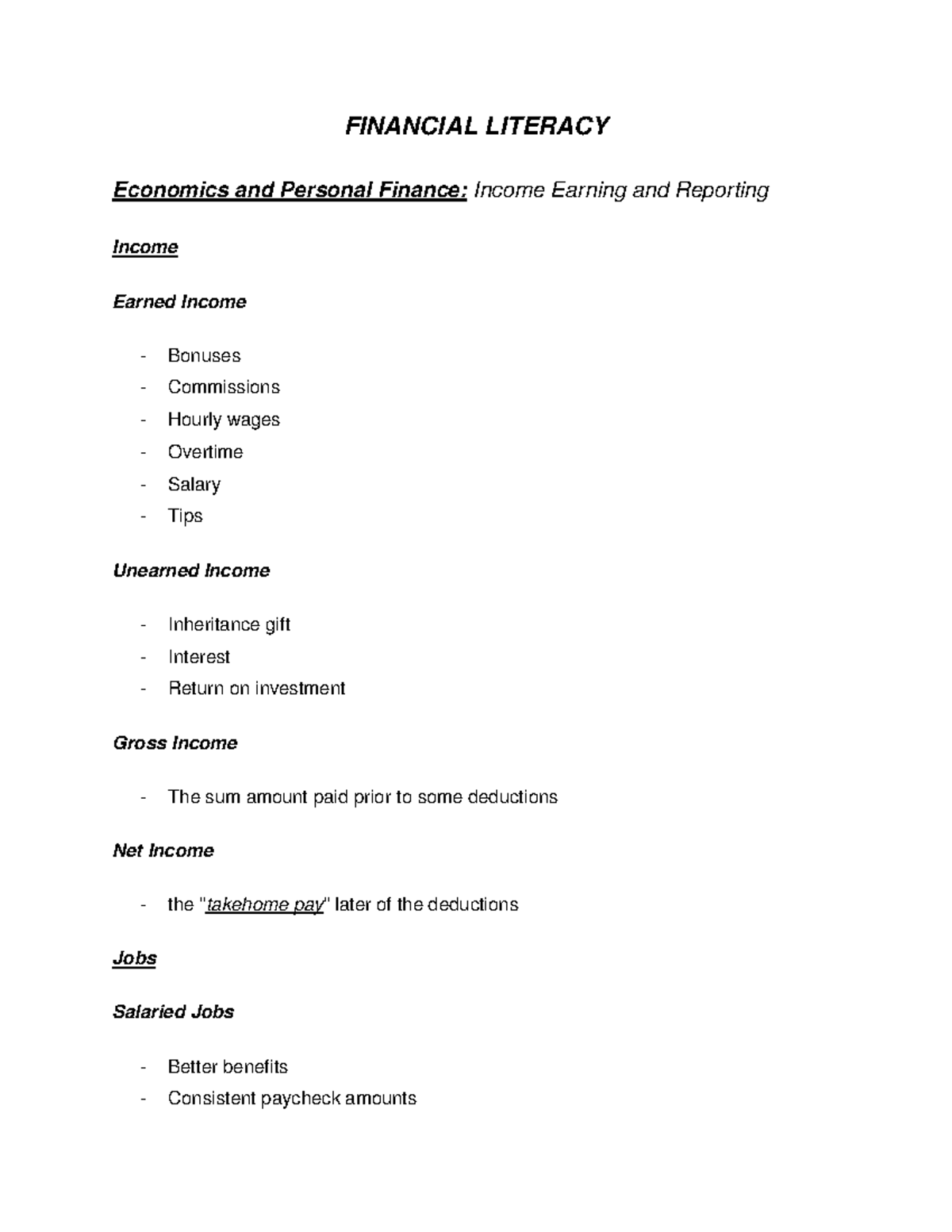 Economics and Personal Finance Income Earning and Reporting - FINANCIAL ...