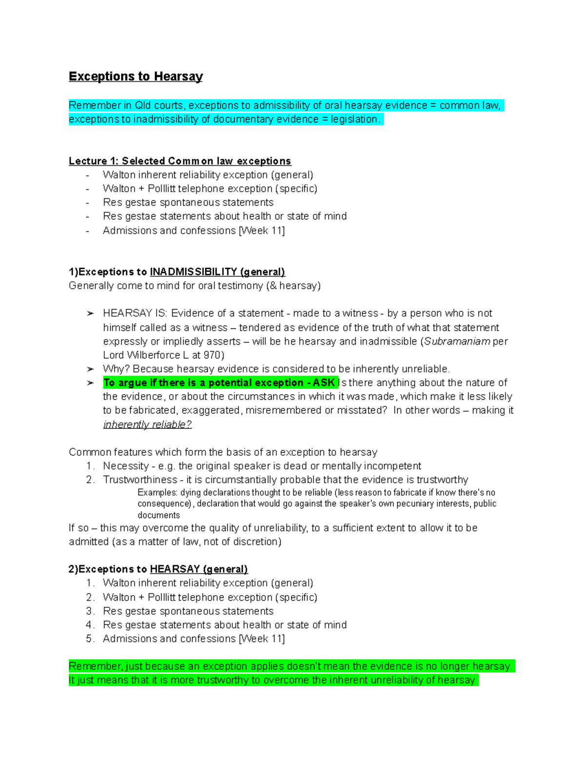 Week 9 Lecture Hearsay 2 - Exceptions - Exceptions to Hearsay Remember in Qld courts, exceptions ...