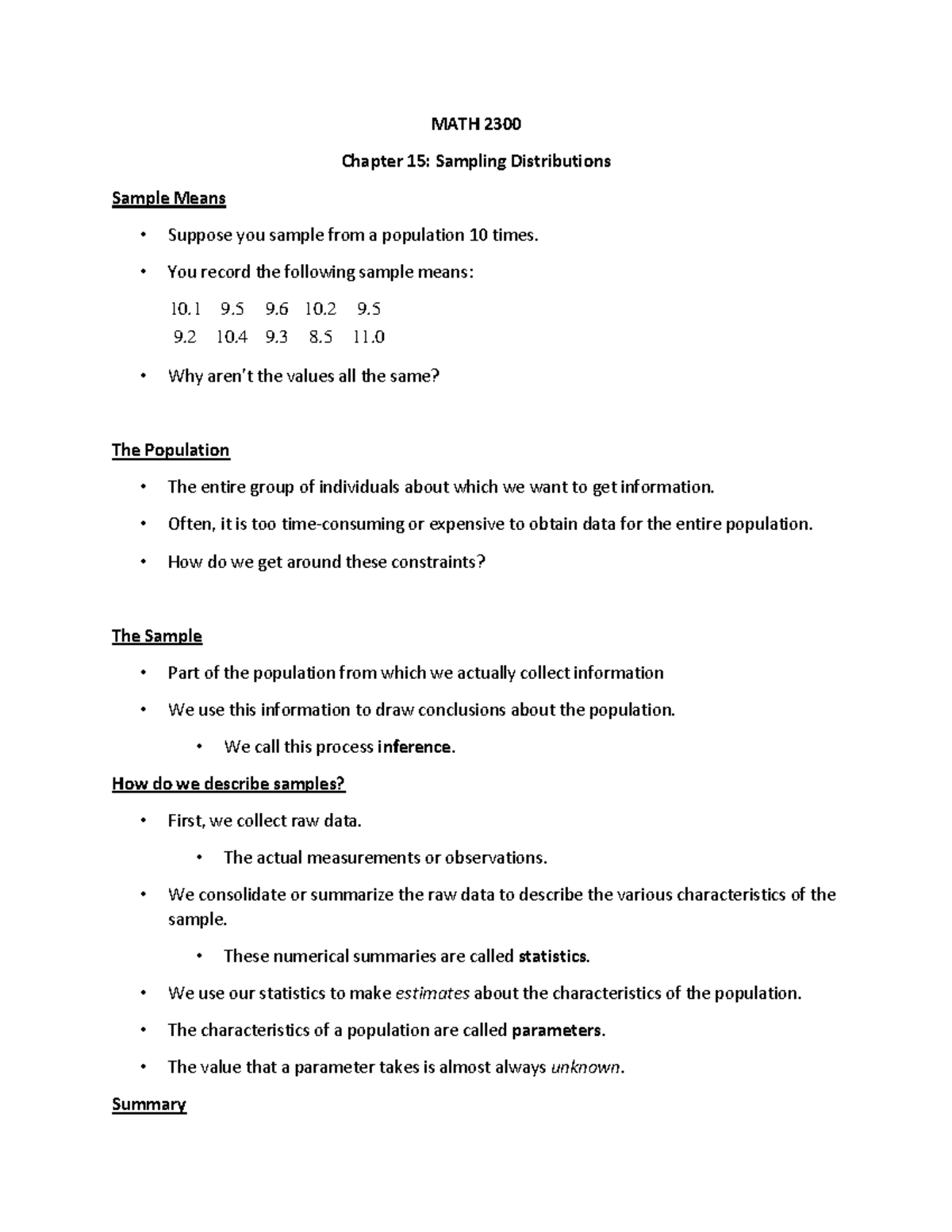 Chapter 15 - Blank Note - MATH 2300 Chapter 15: Sampling Distributions Sample Means Suppose you ...