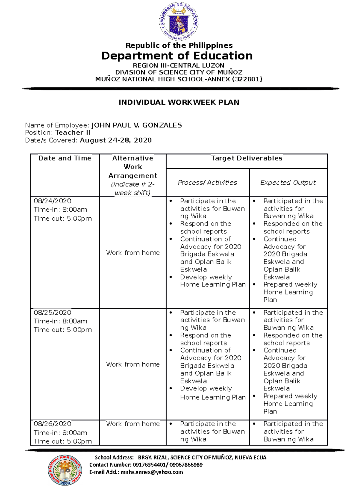 JPVG Individual- Workweek-PLAN-AUG 24-28, 2020 - Republic of the ...