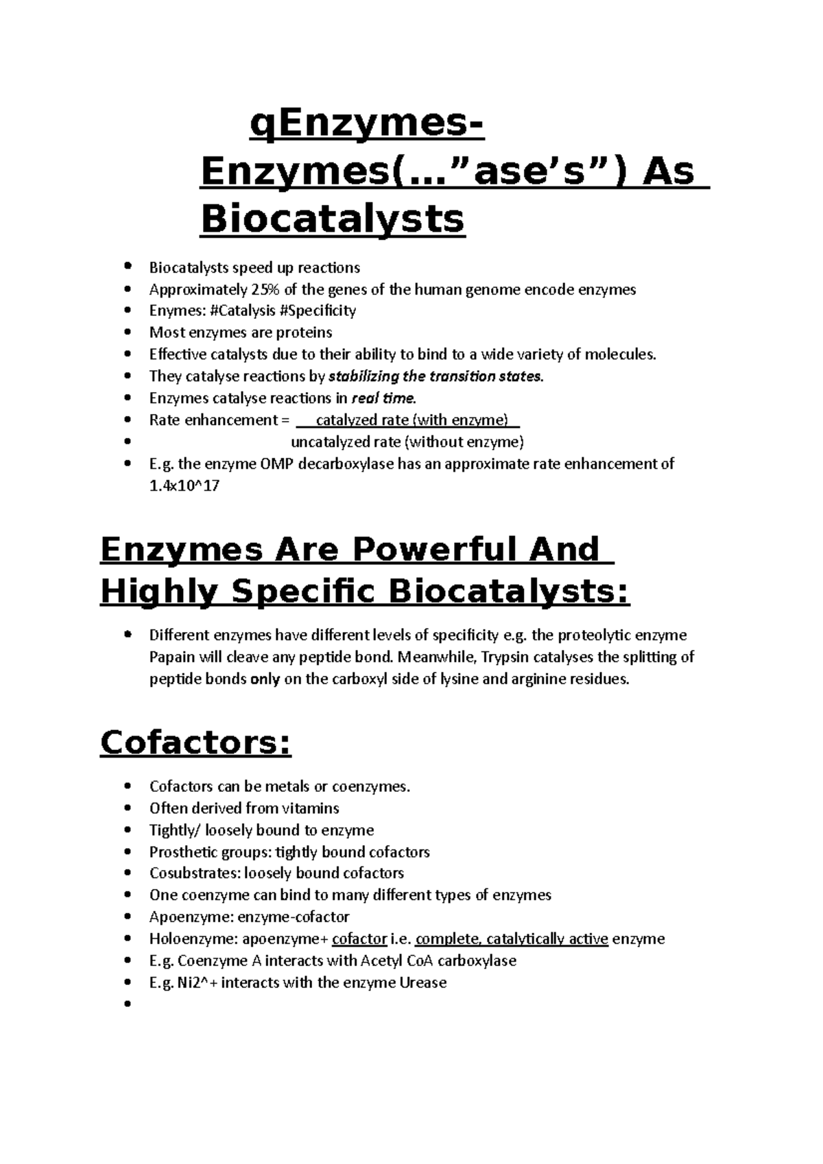 Enzymes - Summary Protein Biochemistry - qEnzymes- Enzymes(...”ase’s”) As Biocatalysts - Studocu