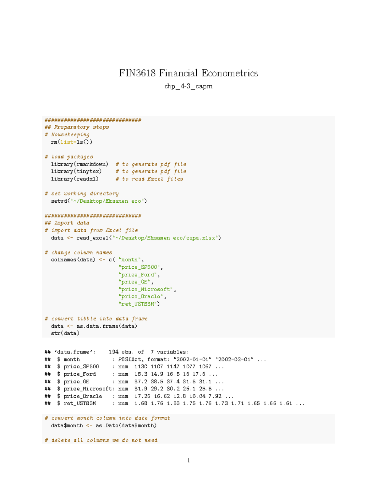 Chp 4-3 capm - Oppgave om CAPM modellen i R-studio - FIN3618 Financial ...
