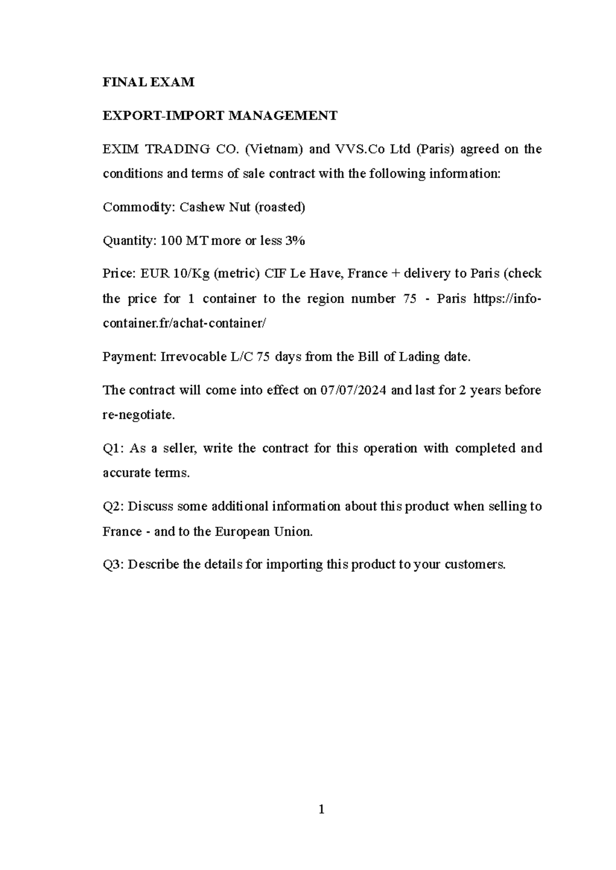 Final-EXAM - kỹ năng - FINAL EXAM EXPORT-IMPORT MANAGEMENT EXIM TRADING ...