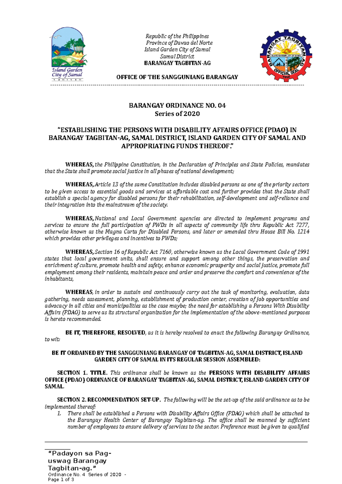 4 PWD Ordinance - LEARNING MATERIALS - Republic of the Philippines ...