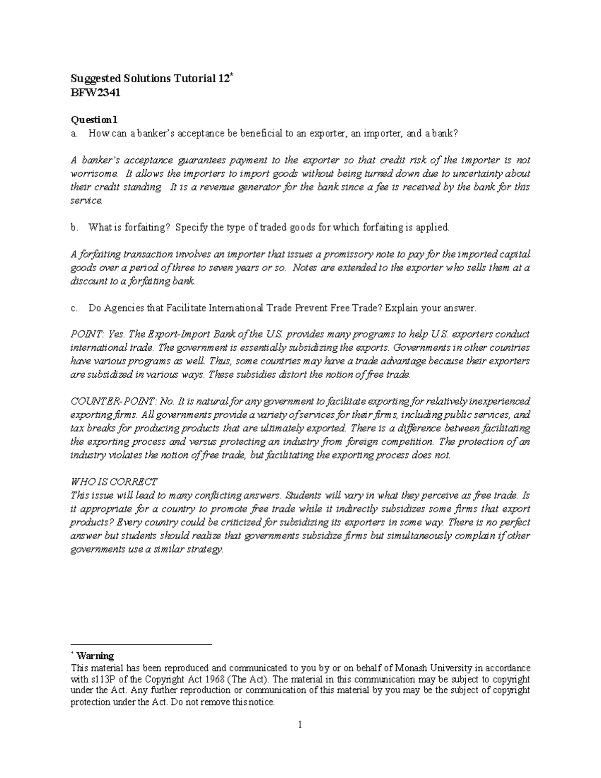 Tutorial Week12 solution - Suggested Solutions Tutorial 12* BFW Question a. How can a banker’s ...