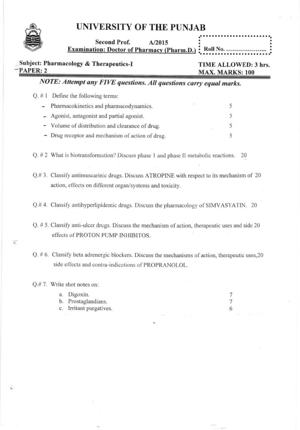 Pharm D 2nd Prof Paper 2 - Second Prof. Examination : Doctor of ...