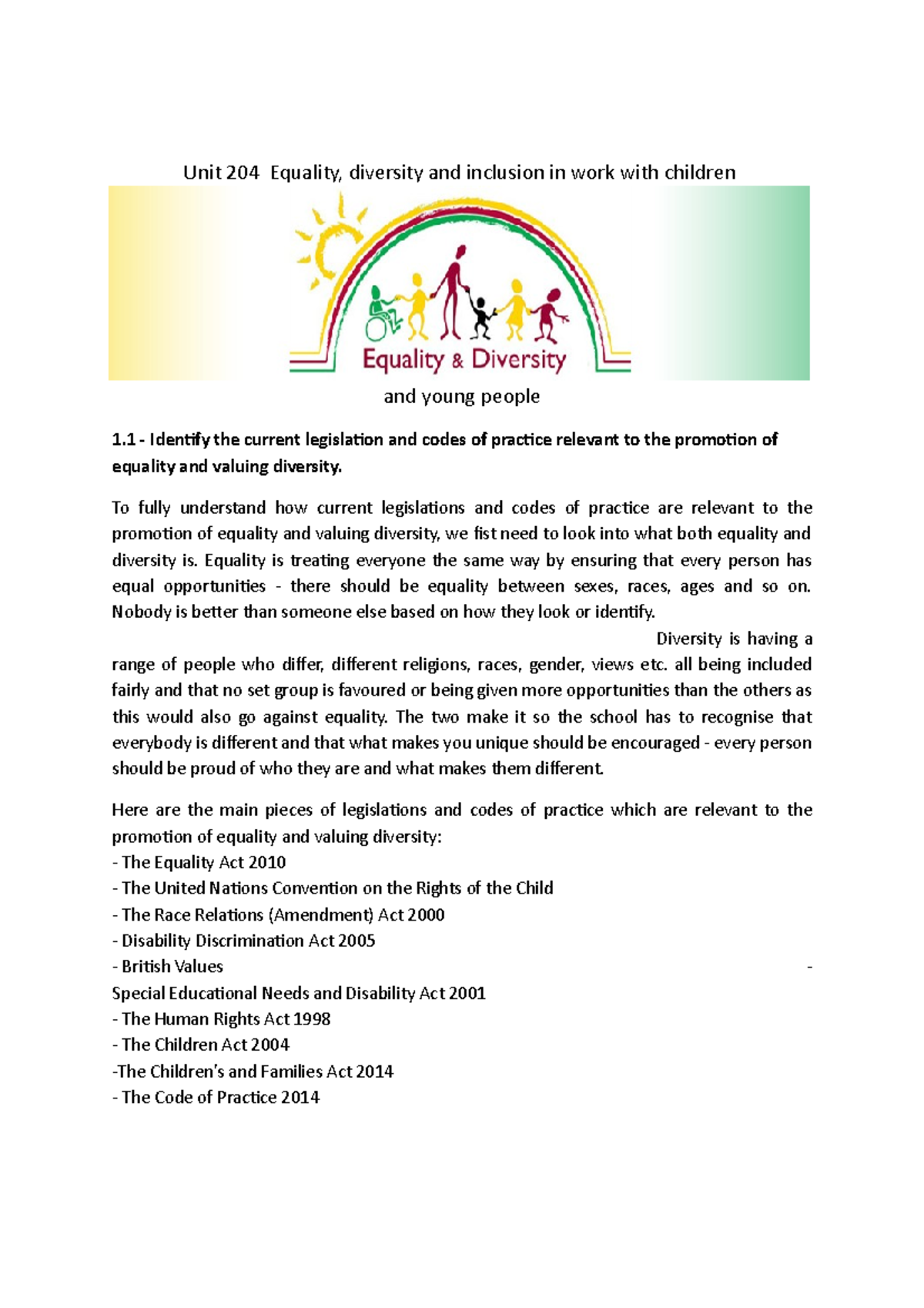 Equality, Diversity and Inclusion in Work with Children - Unit 204 ...